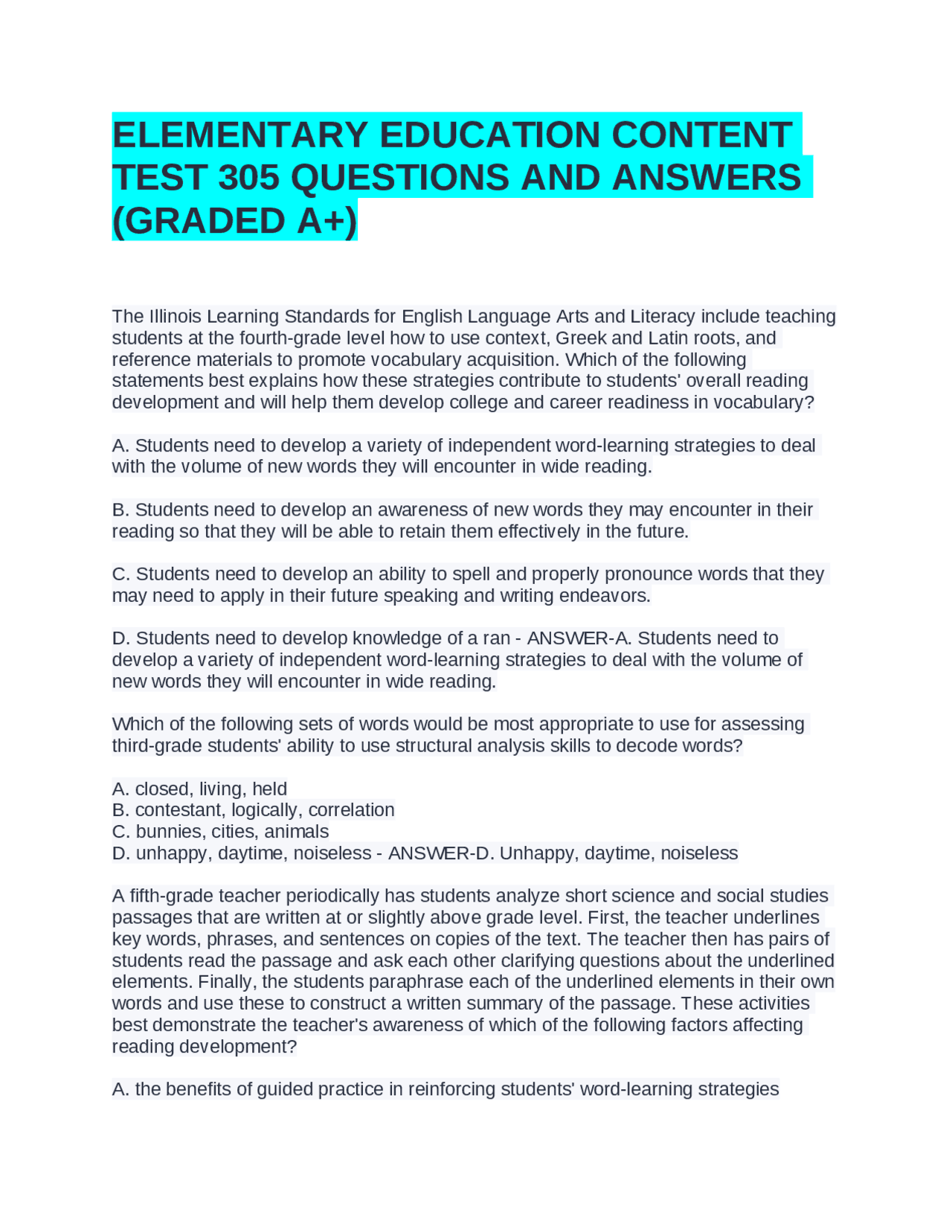 ELEMENTARY EDUCATION CONTENT TEST 305 QUESTIONS AND ANSWERS (GRADED A+ ...