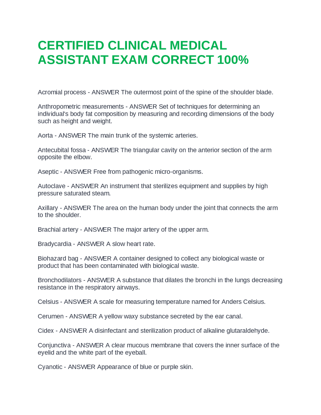 Clinical Medical Assistant Exam: Key Terms and Definitions | Exams ...