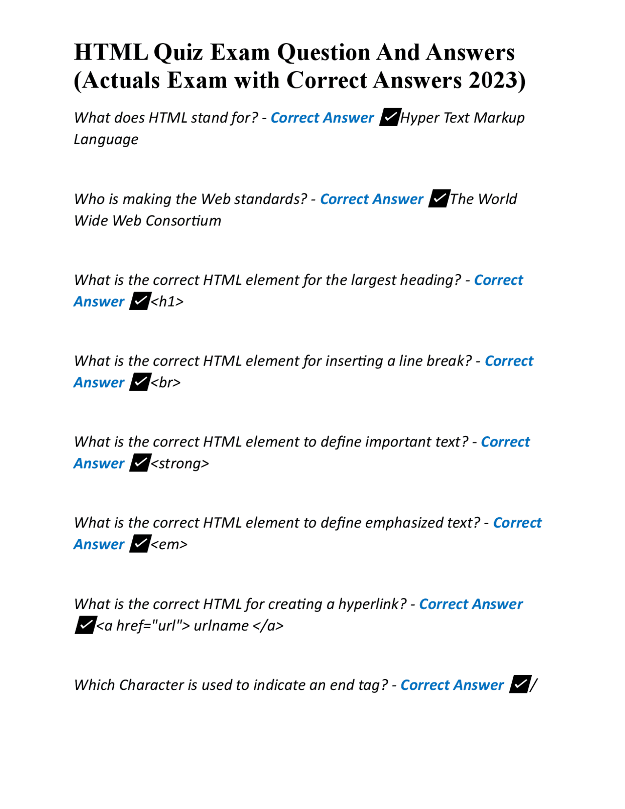 HTML Quiz Exam Question And Answers (Actuals Exam with Correct Answers ...
