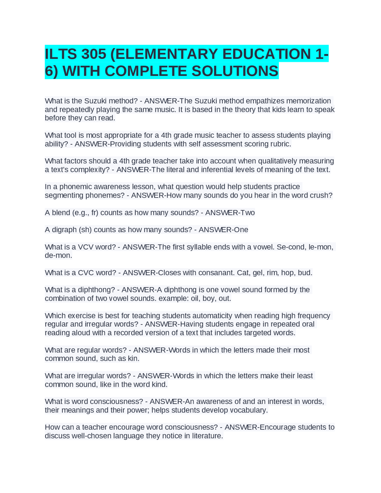 ILTS 305 (ELEMENTARY EDUCATION 1-6) WITH COMPLETE SOLUTIONS | Exams ...