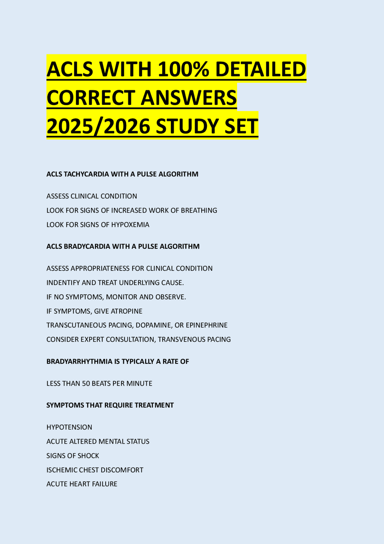 ACLS WITH 100% DETAILED CORRECT ANSWERS 2025/2026 STUDY SET | Exams ...