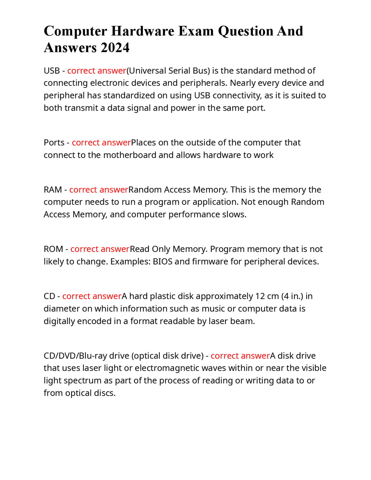 Computer Hardware Exam Question And Answers 2024 | Exams Advanced Education | Docsity