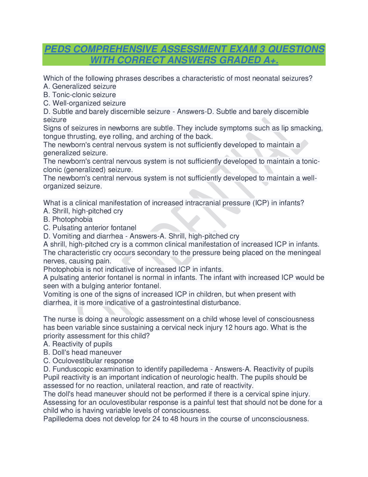 PEDS COMPREHENSIVE ASSESSMENT EXAM 3 QUESTIONS WITH CORRECT ANSWERS ...