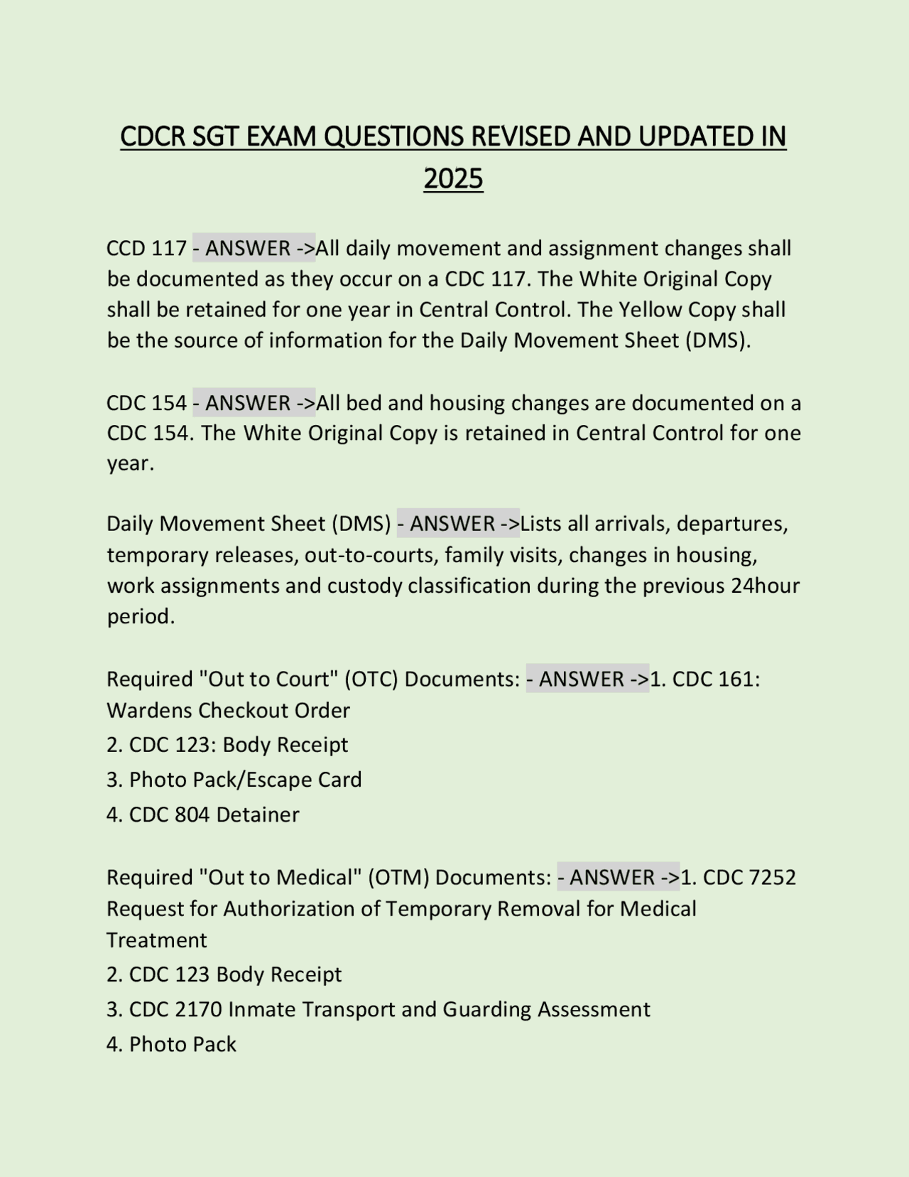 CDCR SGT EXAM QUESTIONS REVISED AND UPDATED IN 2025 | Exams Law | Docsity