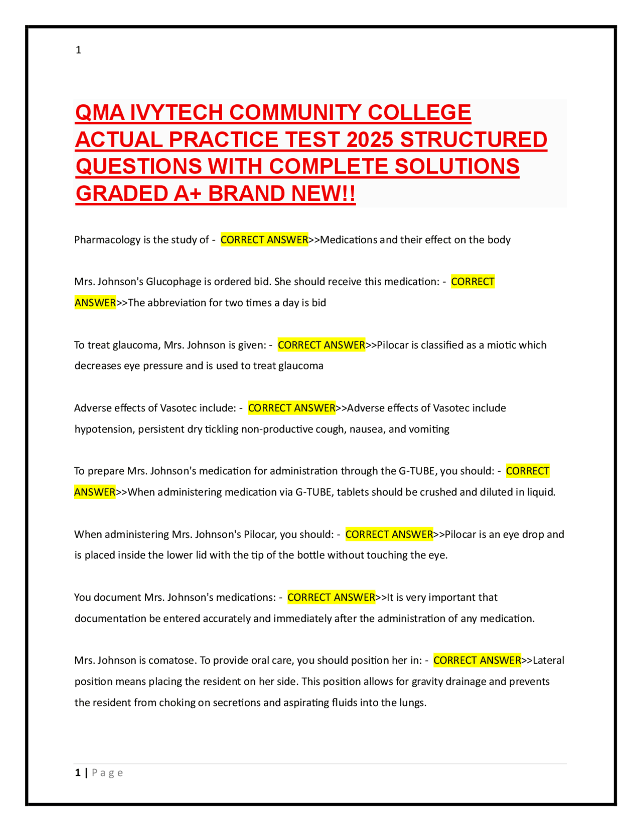 QMA IVYTECH COMMUNITY COLLEGE ACTUAL PRACTICE TEST 2025 STRUCTURED ...