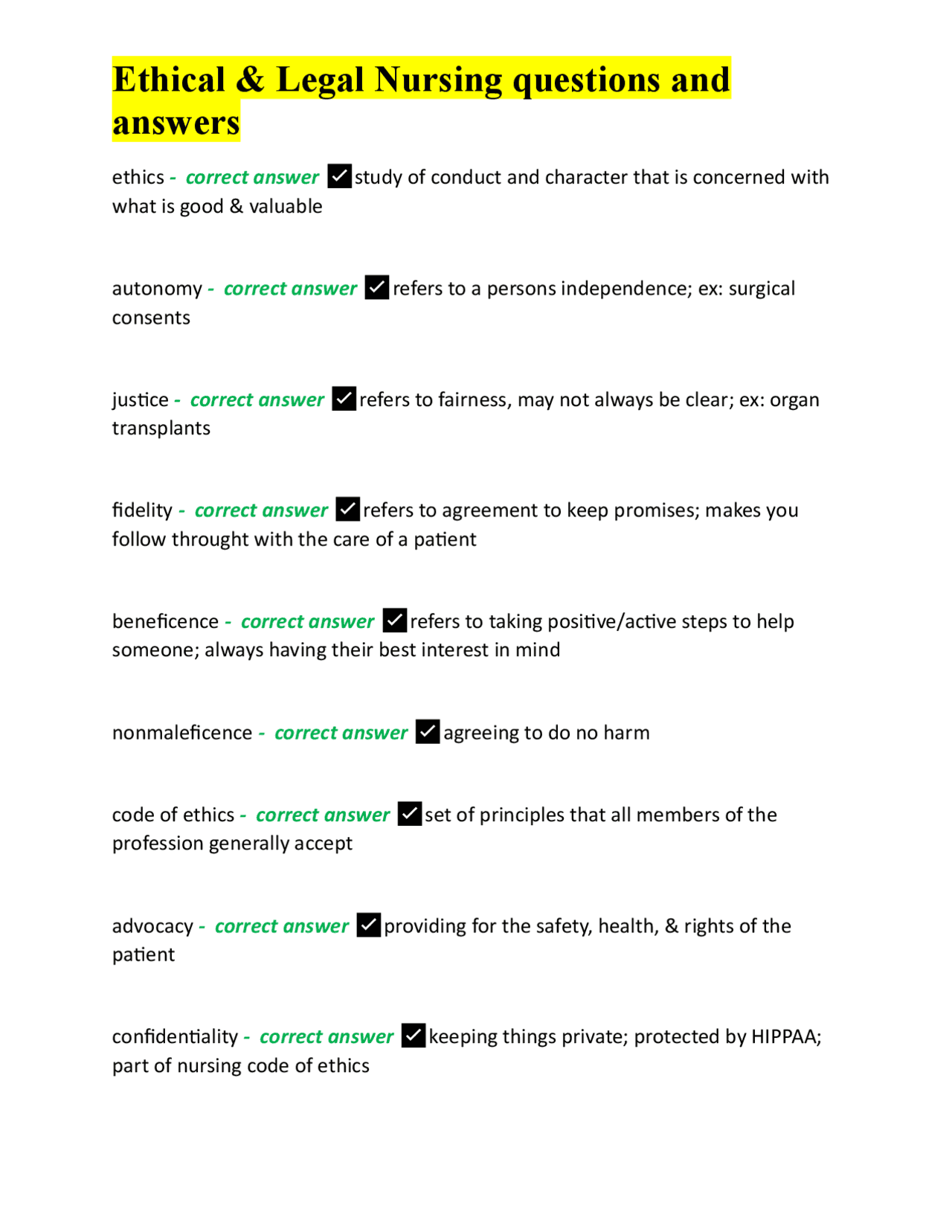 Ethical & Legal Nursing questions and answers | Exams Nursing | Docsity