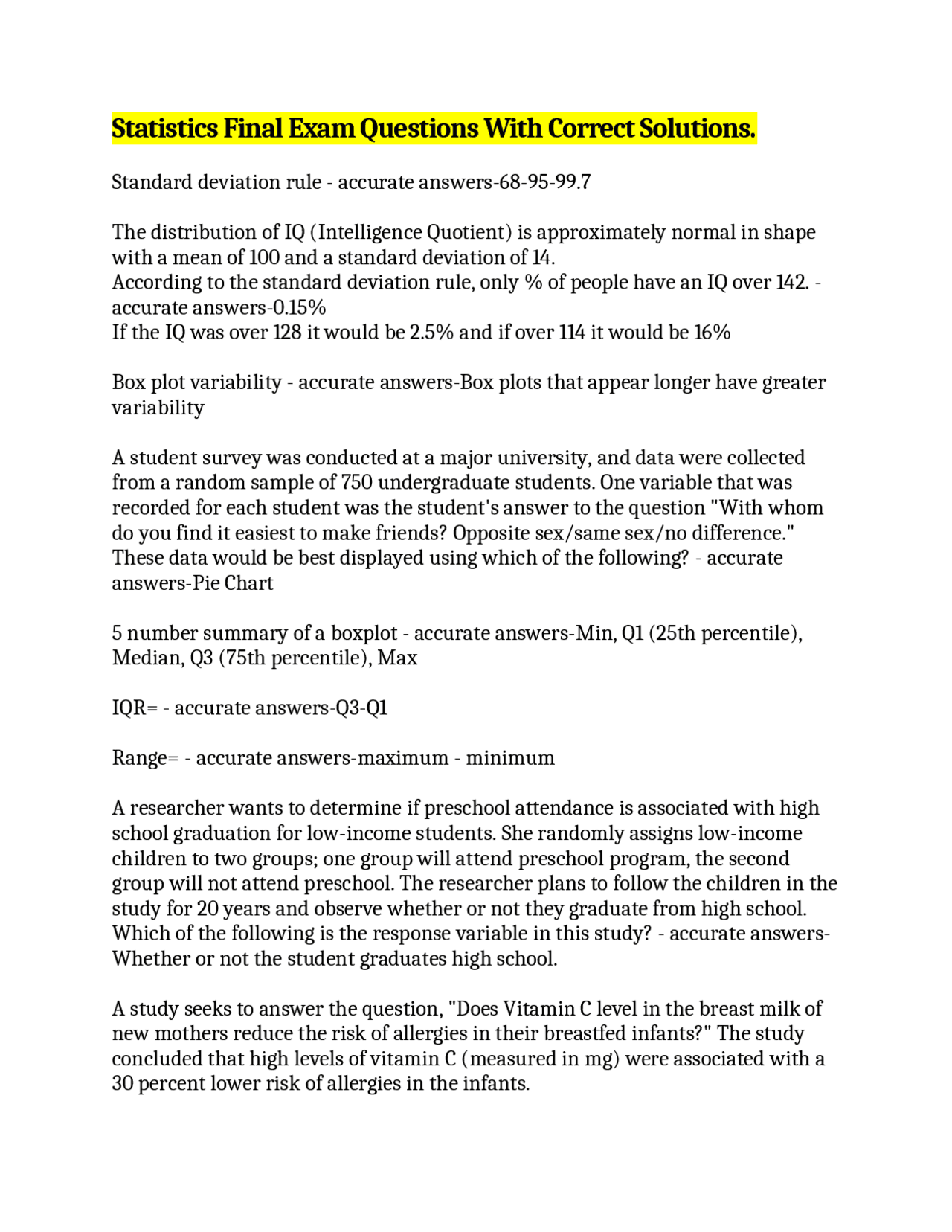 Statistics Final Exam Questions With Correct Solutions. | Exams Mathematical Statistics | Docsity