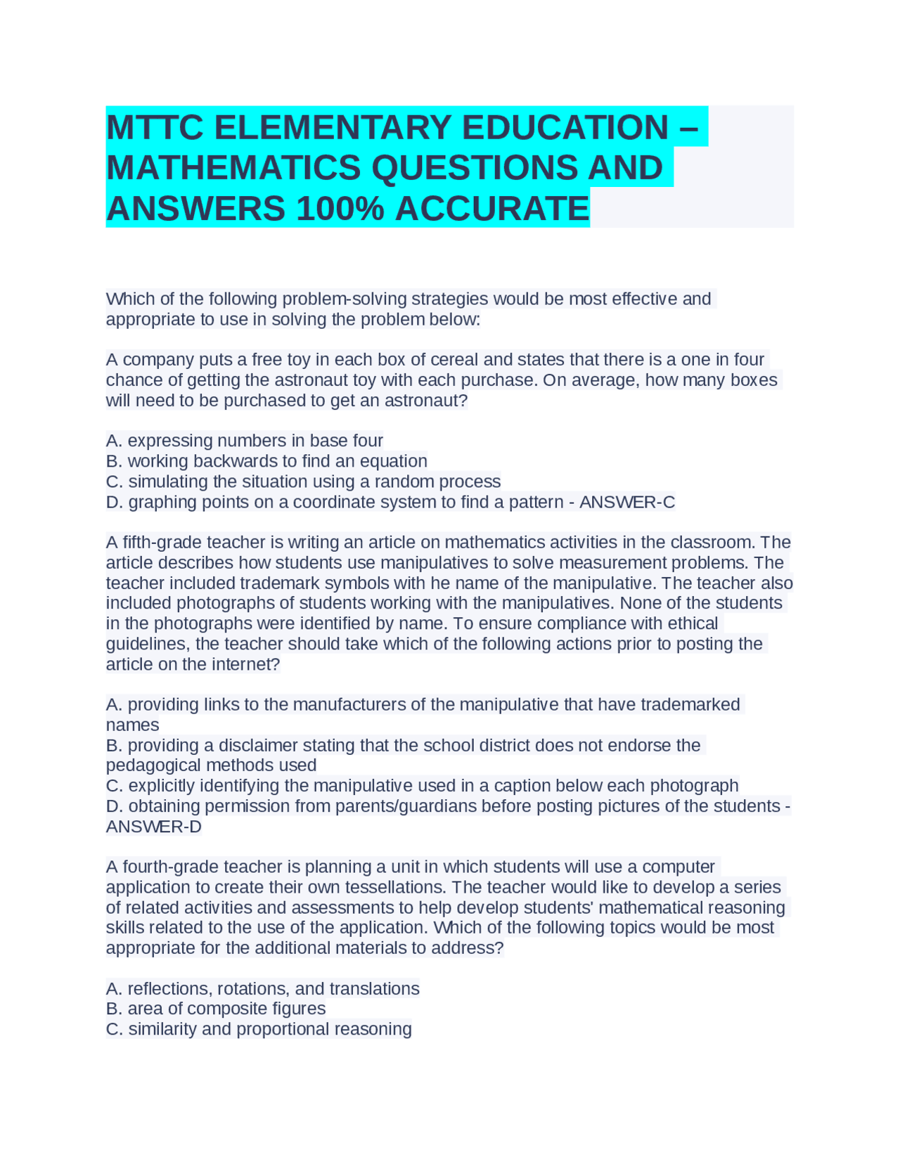MTTC ELEMENTARY EDUCATION – MATHEMATICS QUESTIONS AND ANSWERS 100% ...