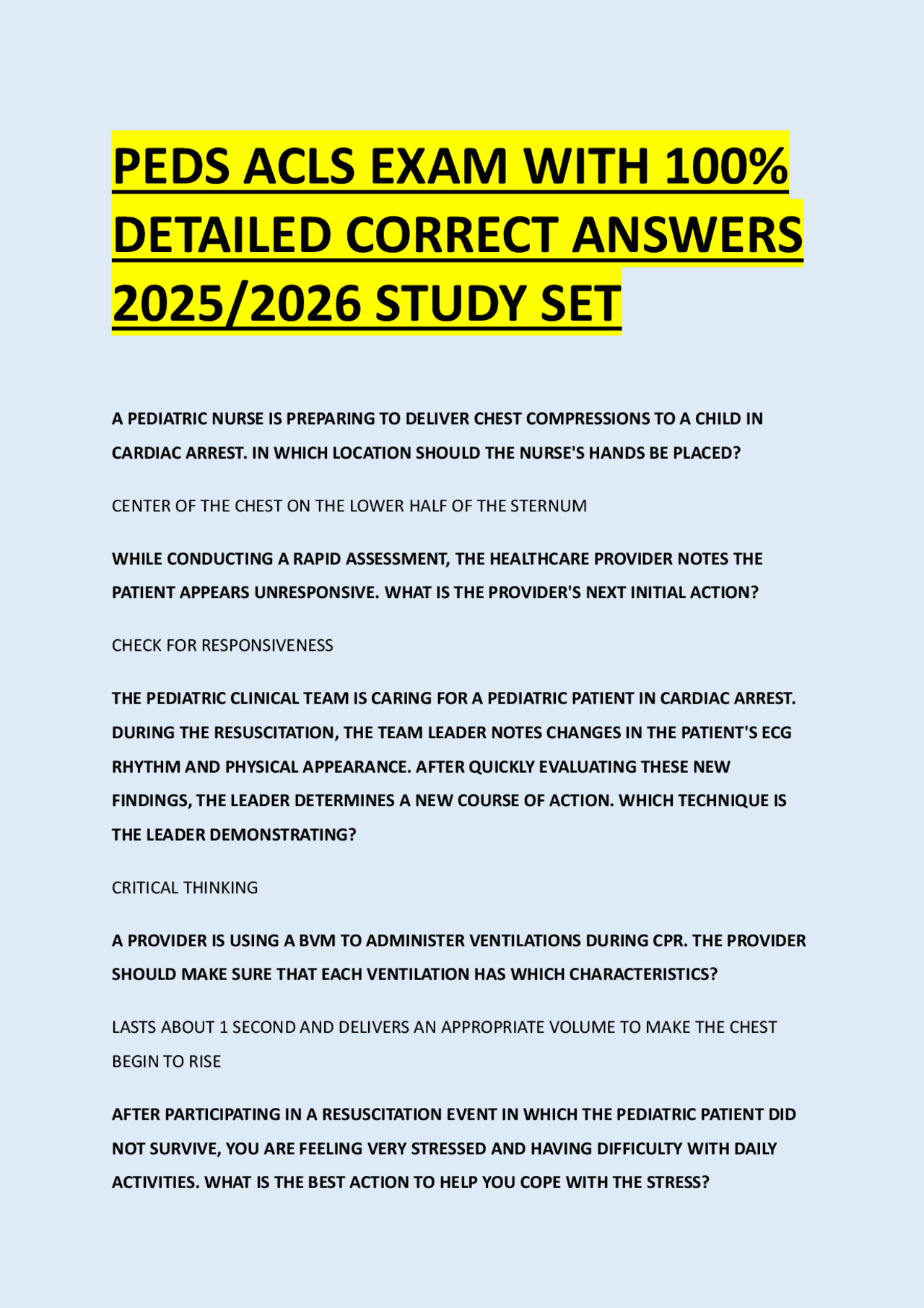 PEDS ACLS EXAM WITH 100% DETAILED CORRECT ANSWERS 2025/2026 STUDY SET ...