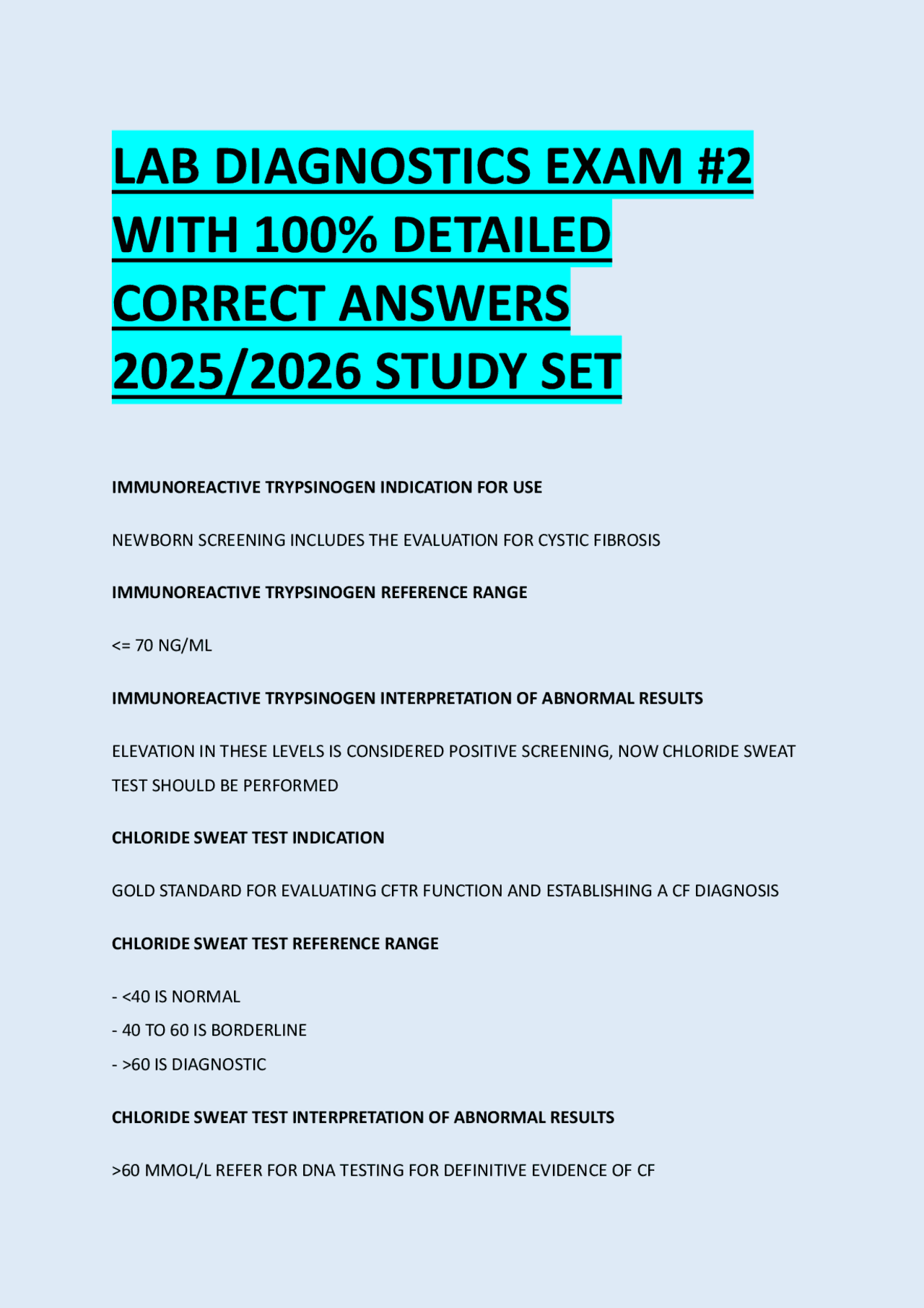 LAB DIAGNOSTICS EXAM #2 WITH 100% DETAILED CORRECT ANSWERS 2025/2026 ...