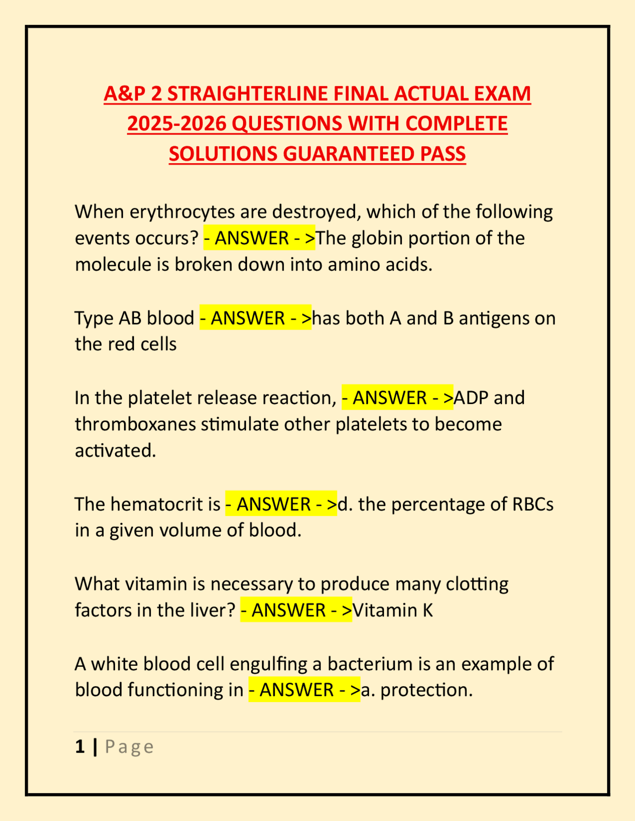 A&P 2 STRAIGHTERLINE FINAL ACTUAL EXAM 2025-2026 QUESTIONS WITH ...