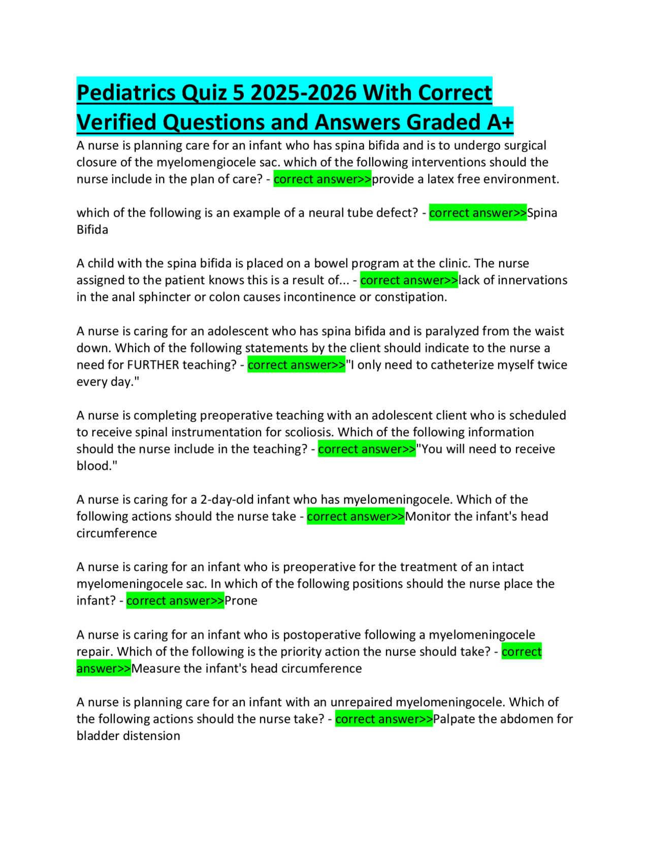 Pediatrics Quiz 5 2025-2026 With Correct Verified Questions and Answers ...