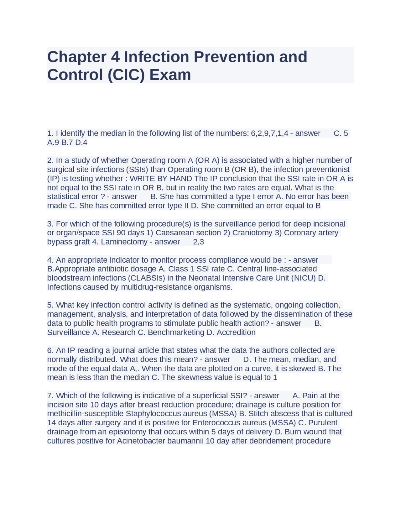 Chapter 4 Infection Prevention and Control (CIC) Exam. Questions and Answers 100% Verified ...