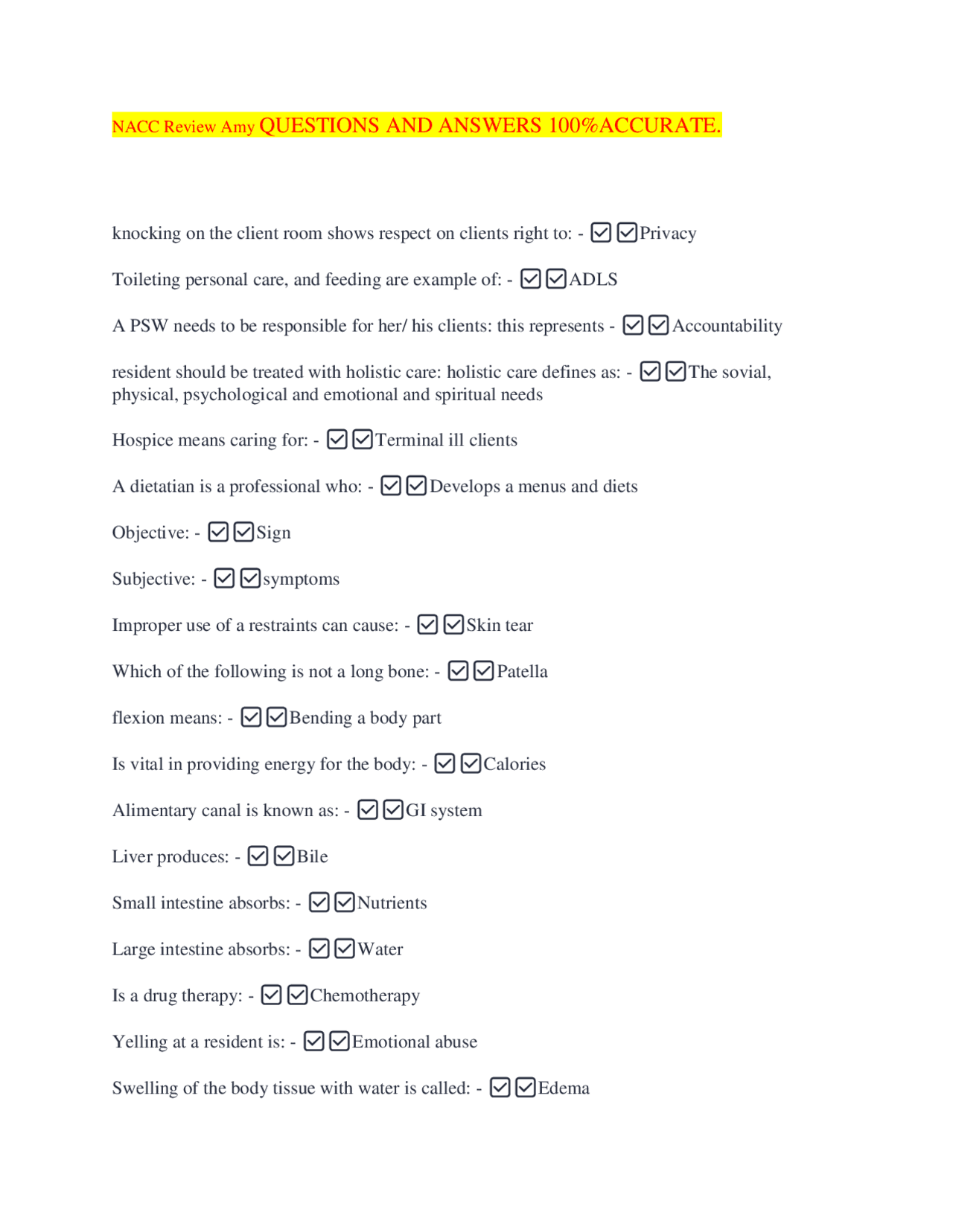 NACC Review Amy QUESTIONS AND ANSWERS 100%ACCURATE. | Exams Nursing ...