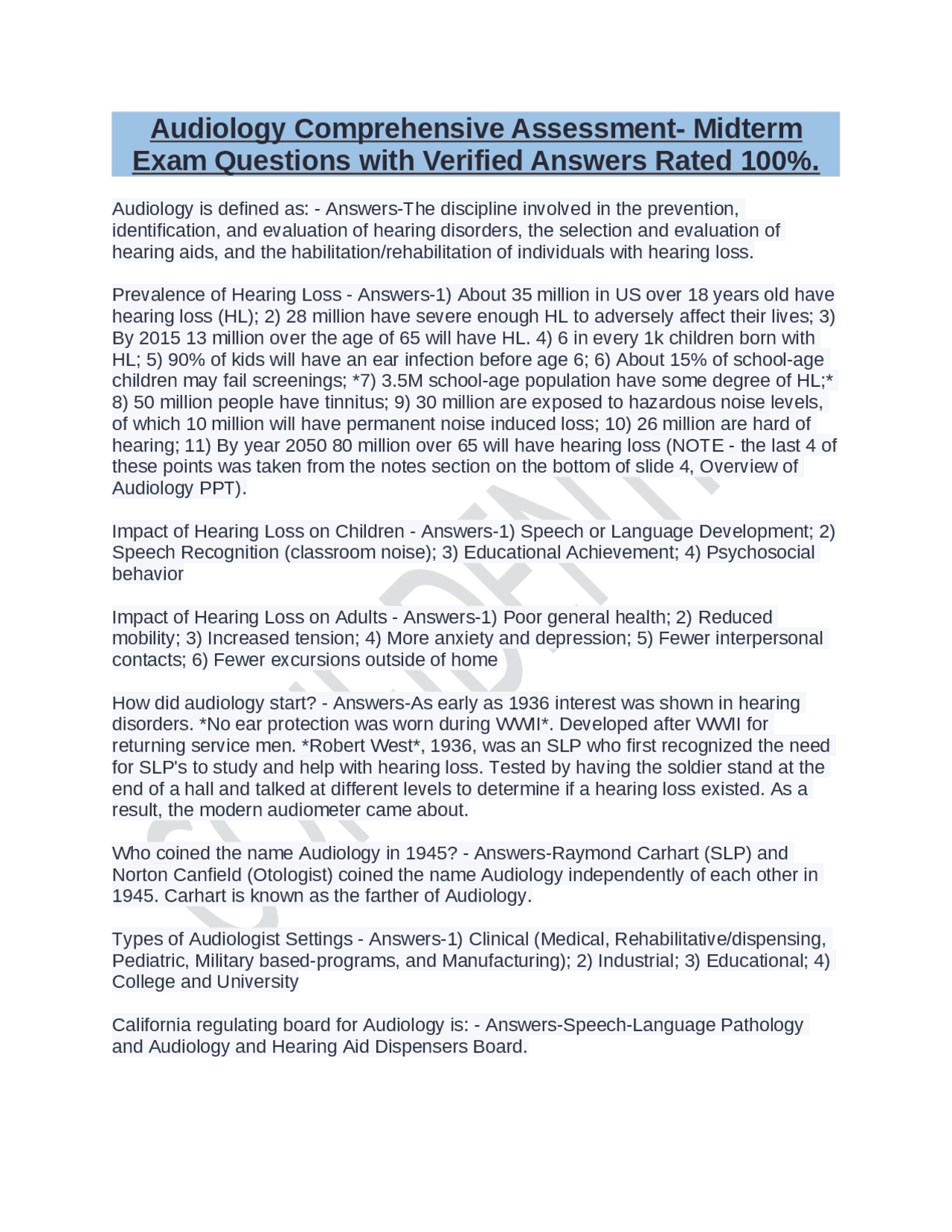 Audiology Comprehensive Assessment- Midterm Exam Questions with ...