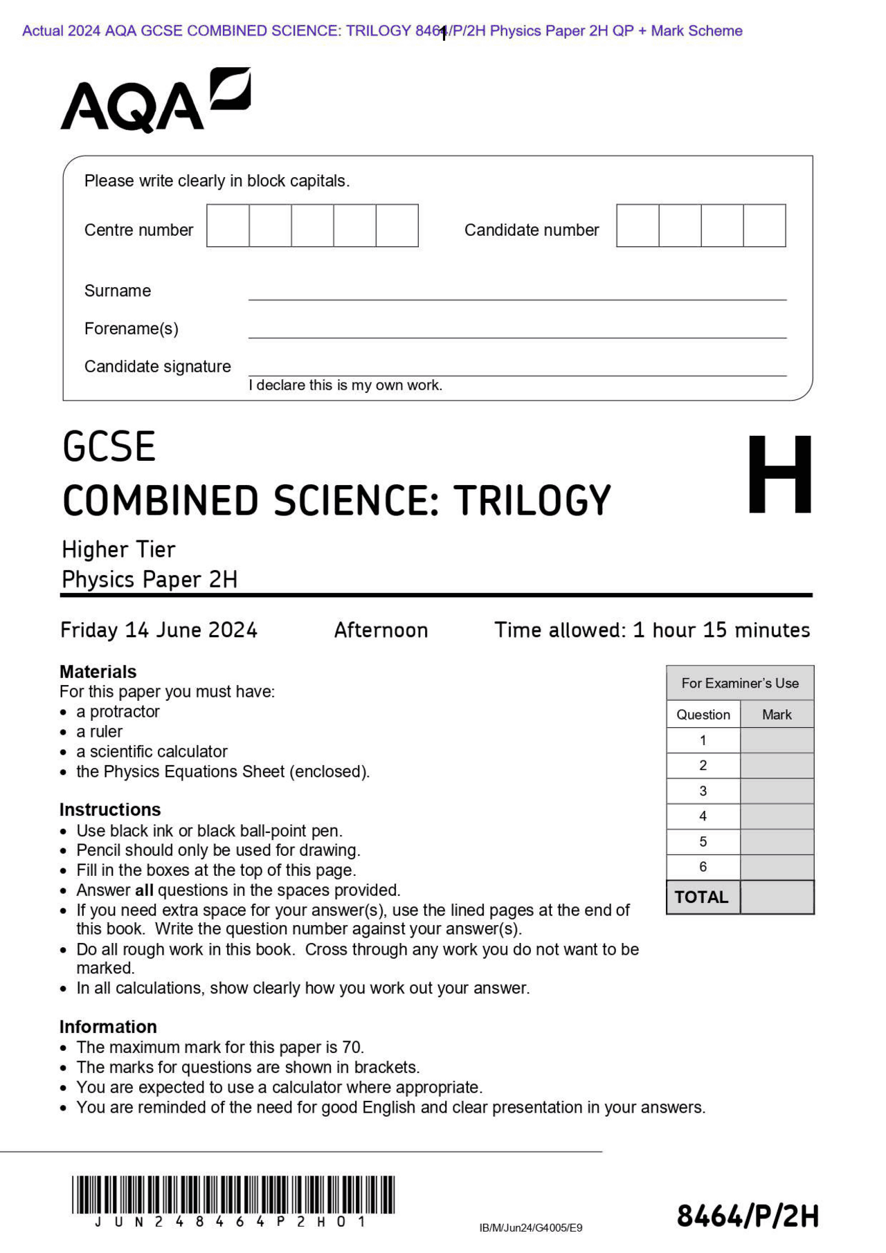 Actual 2024 AQA GCSE COMBINED SCIENCE: TRILOGY 8464/P/2H Physics Paper ...