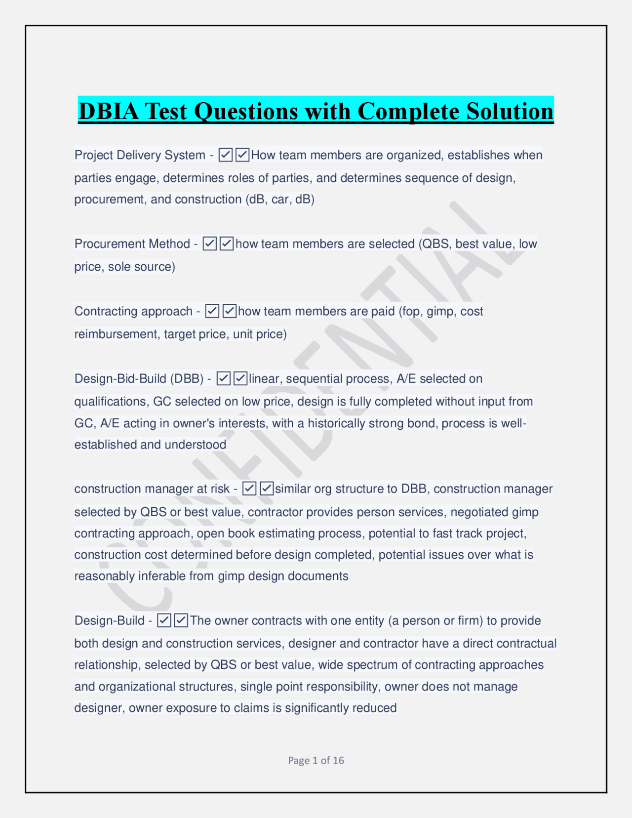 DBIA Test Questions with Complete Solution | Exams Nursing | Docsity