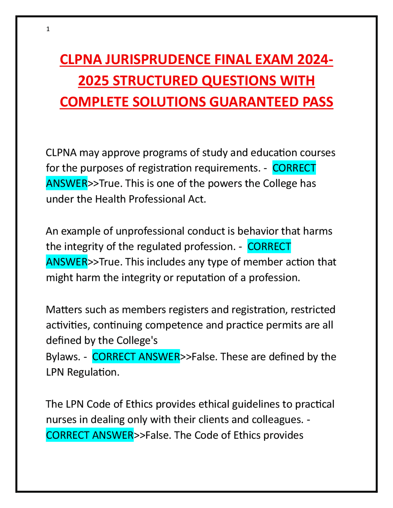 CLPNA JURISPRUDENCE FINAL EXAM 2024- 2025 STRUCTURED QUESTIONS WITH COMPLETE SOLUTIONS | Exams ...