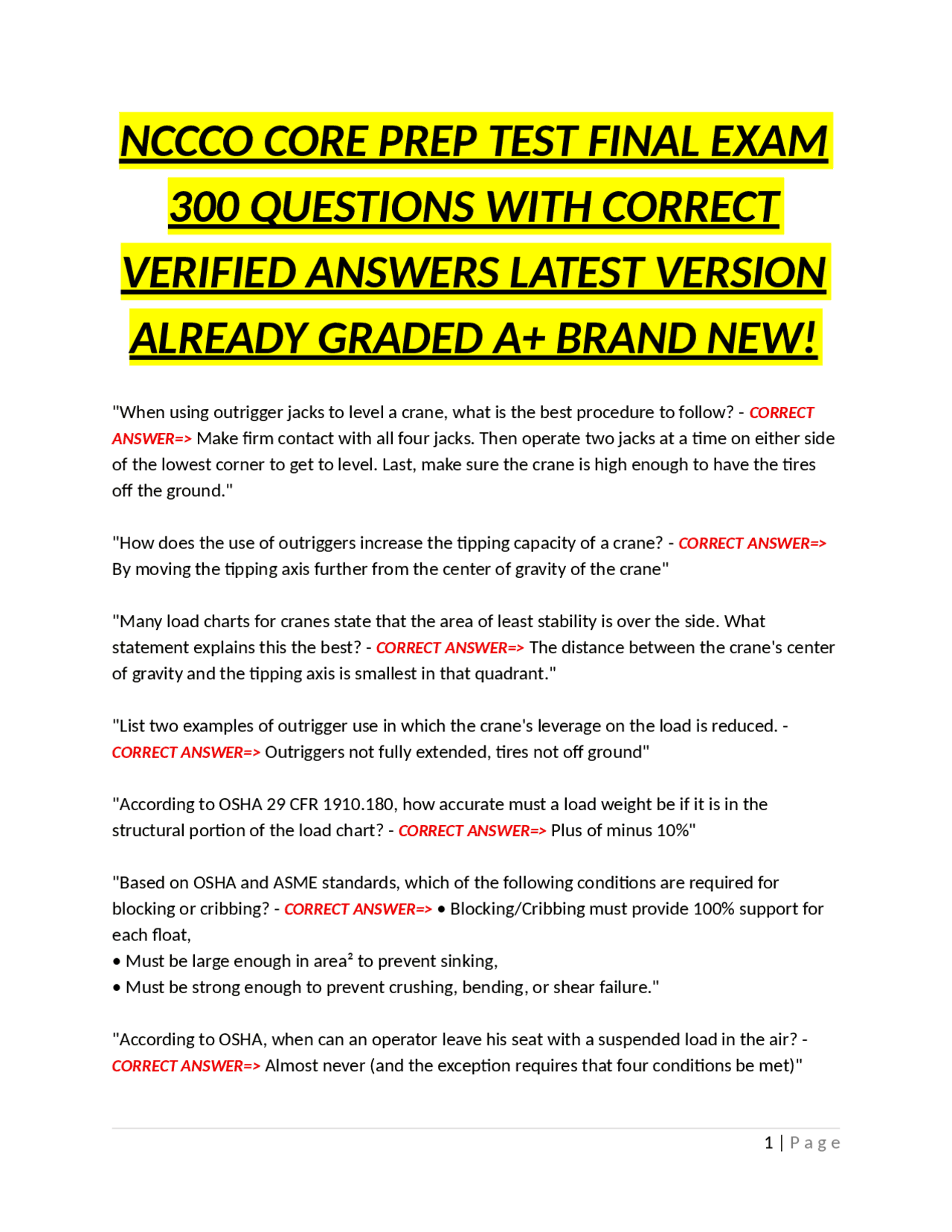 NCCCO CORE PREP TEST FINAL EXAM QUESTIONS WITH CORRECT VERIFIED ANSWERS ...