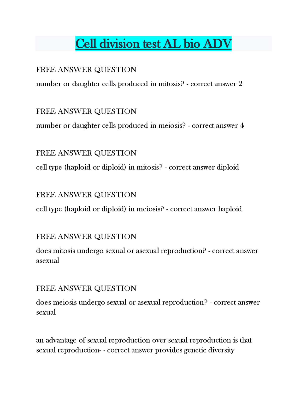 Cell division test AL bio ADV FREE ANSWER QUESTION | Exams Biology ...