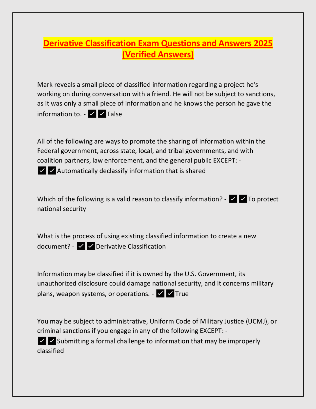 Derivative Classification Exam Questions and Answers 2025 (Verified ...
