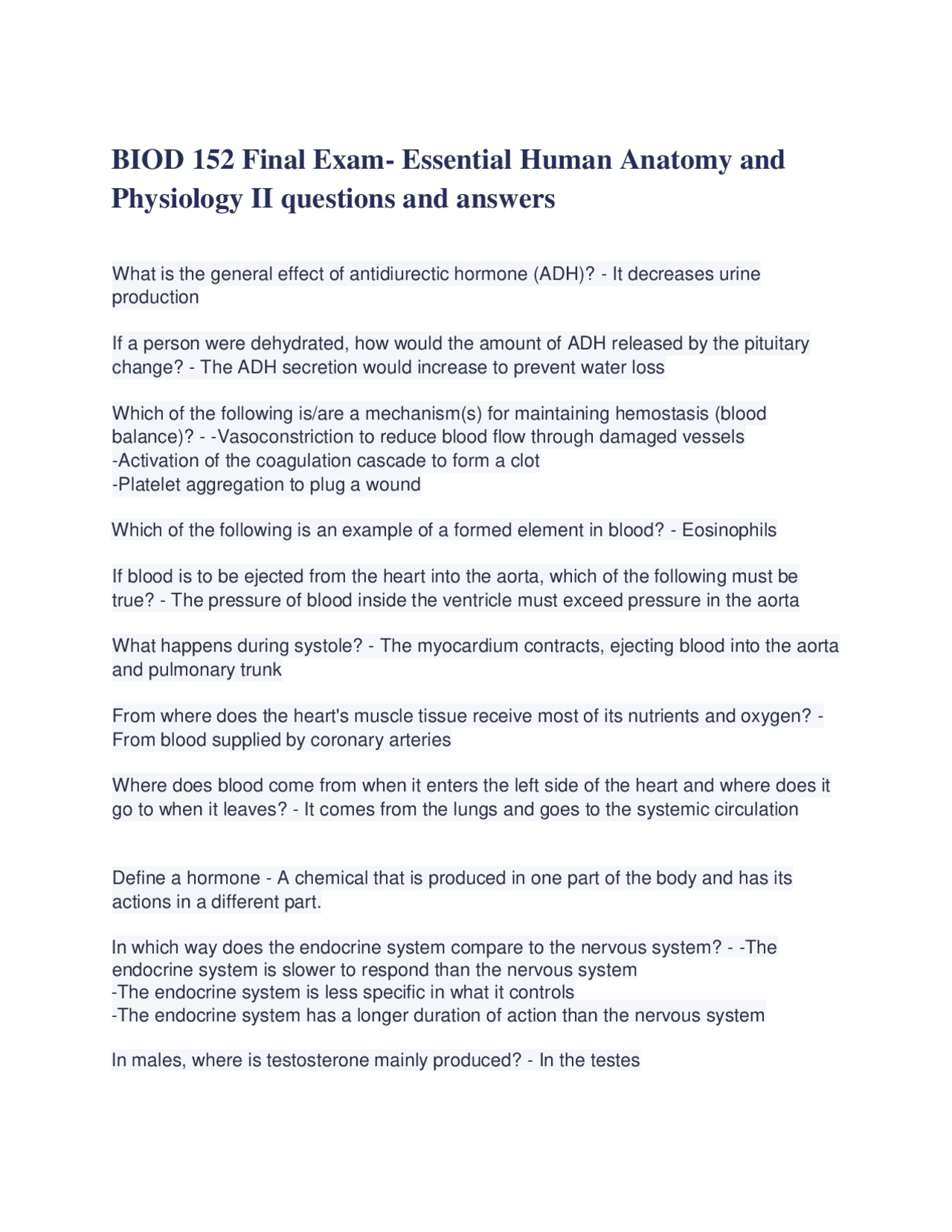 Human Anatomy and Physiology II Final Exam Q&A | Exams Nursing | Docsity