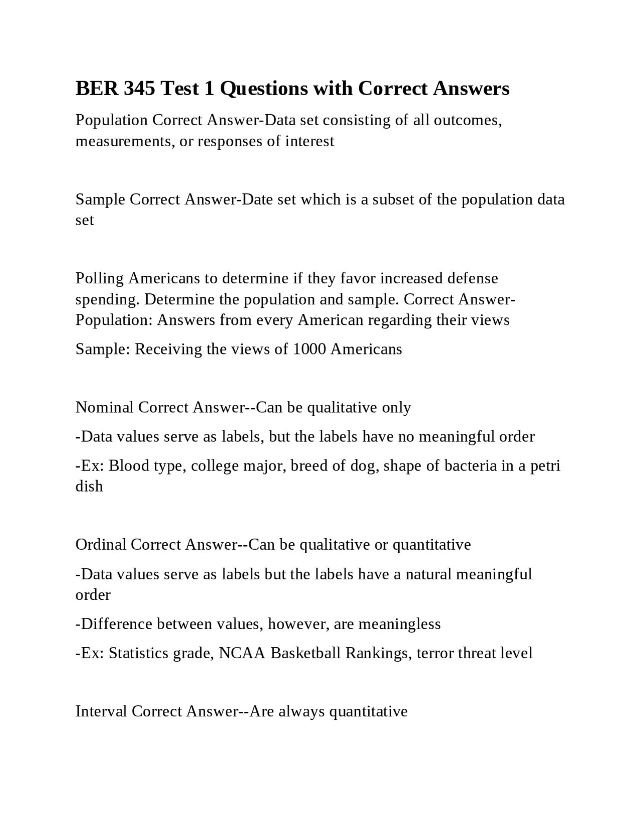 BER 345 Test 1 Questions with Correct Answers | Exams Nursing | Docsity