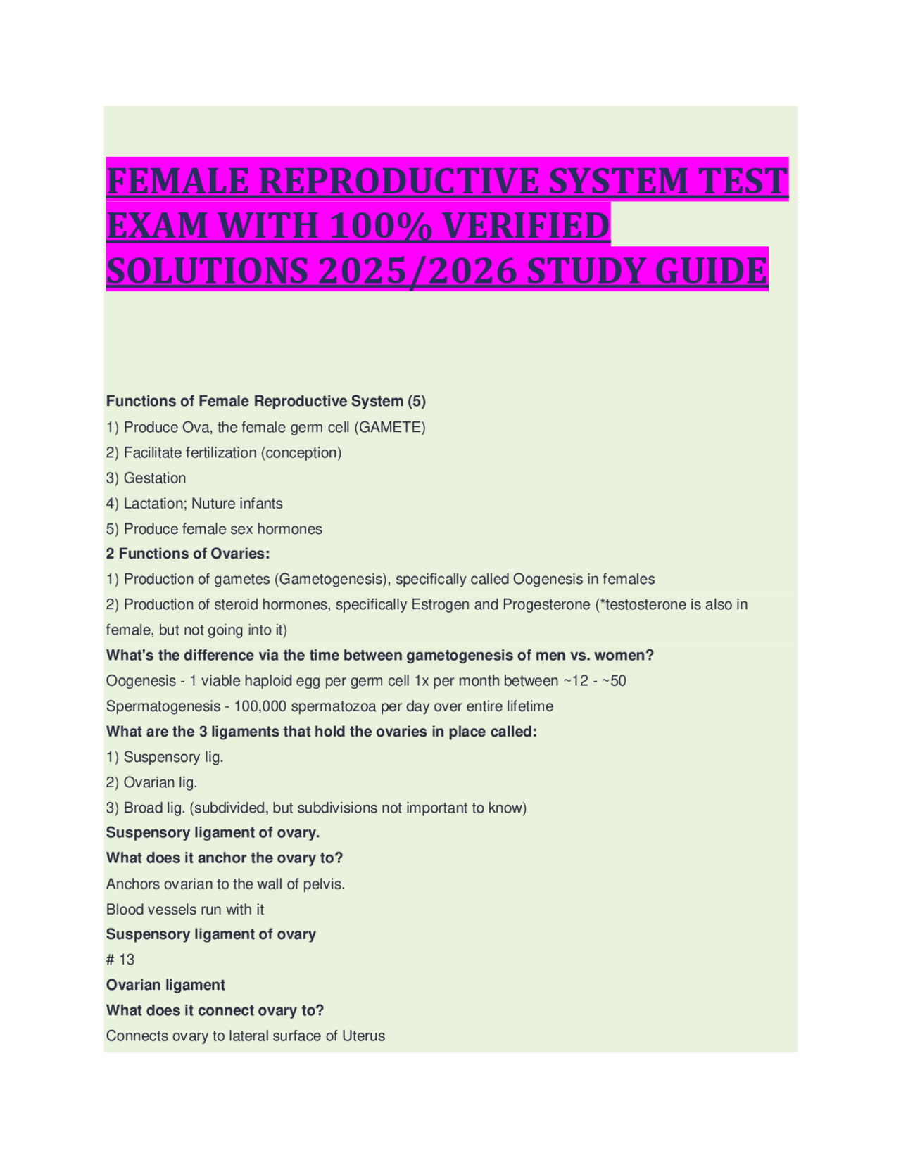 FEMALE REPRODUCTIVE SYSTEM TEST EXAM WITH 100% VERIFIED SOLUTIONS 2025/ ...
