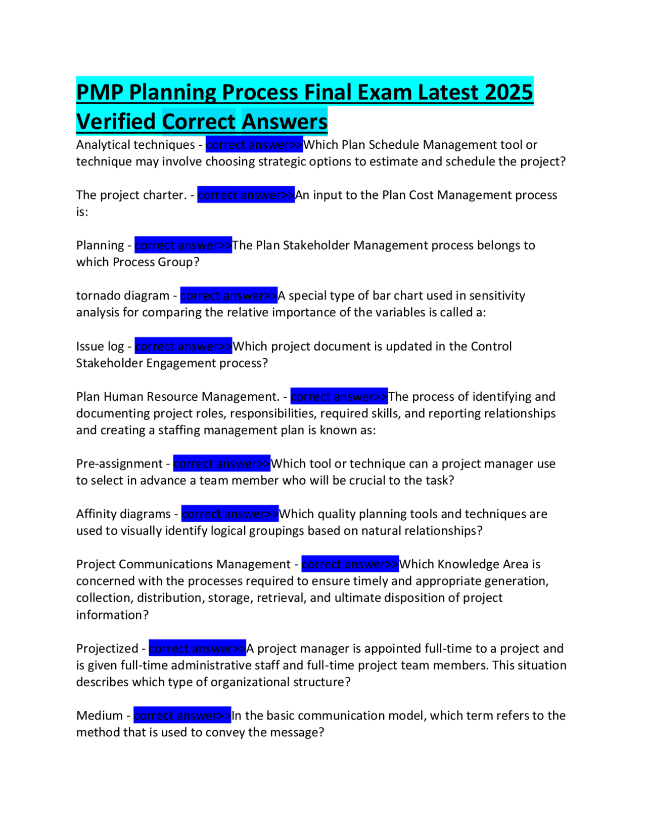 PMP Planning Process Final Exam Latest 2025 Verified Correct Answers ...