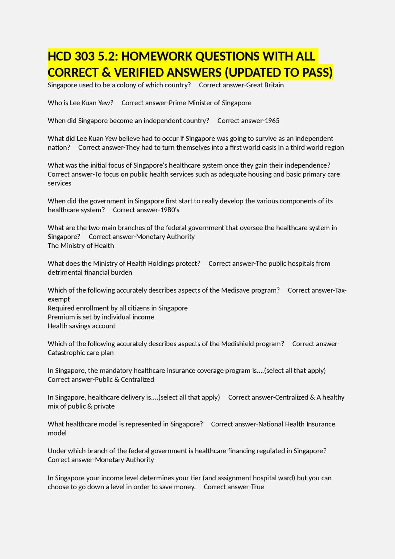 Singapore Healthcare System: Homework Q&A | Exams Public Health | Docsity