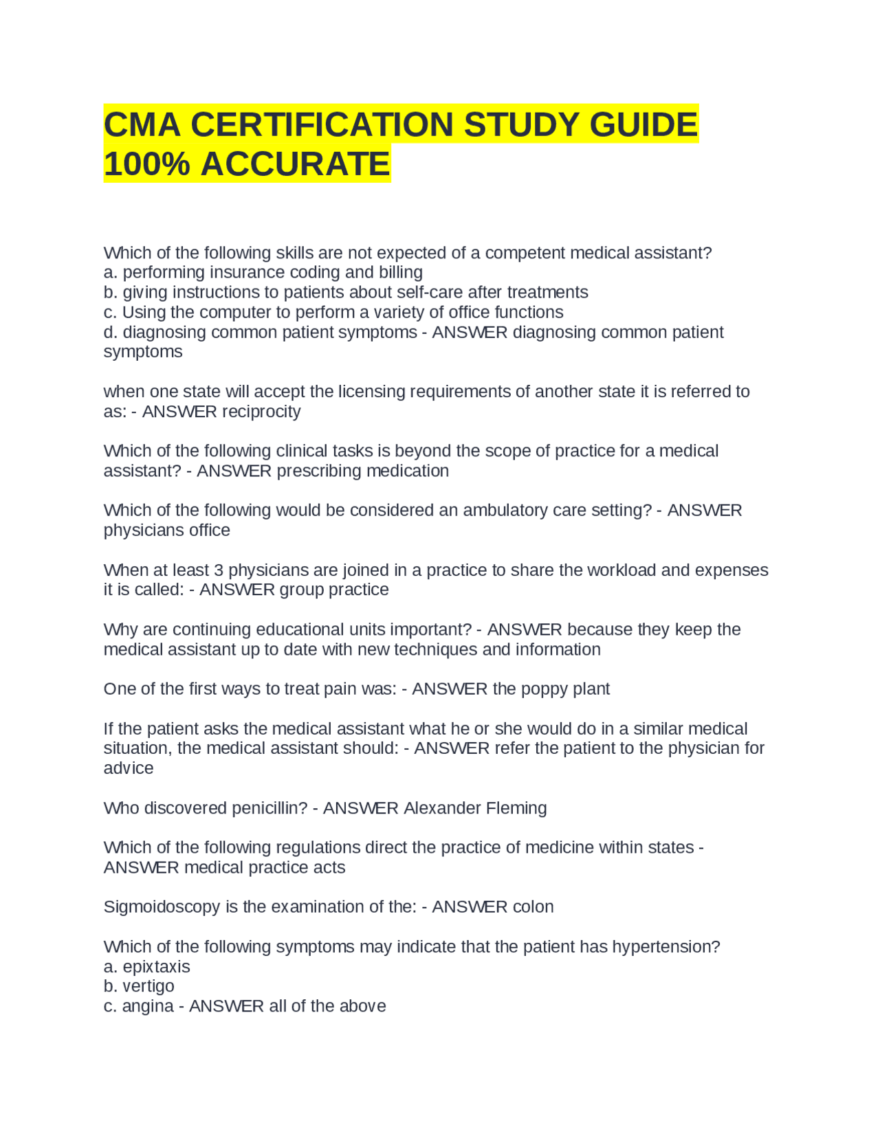CMA CERTIFICATION STUDY GUIDE 100% ACCURATE | Exams Nursing | Docsity