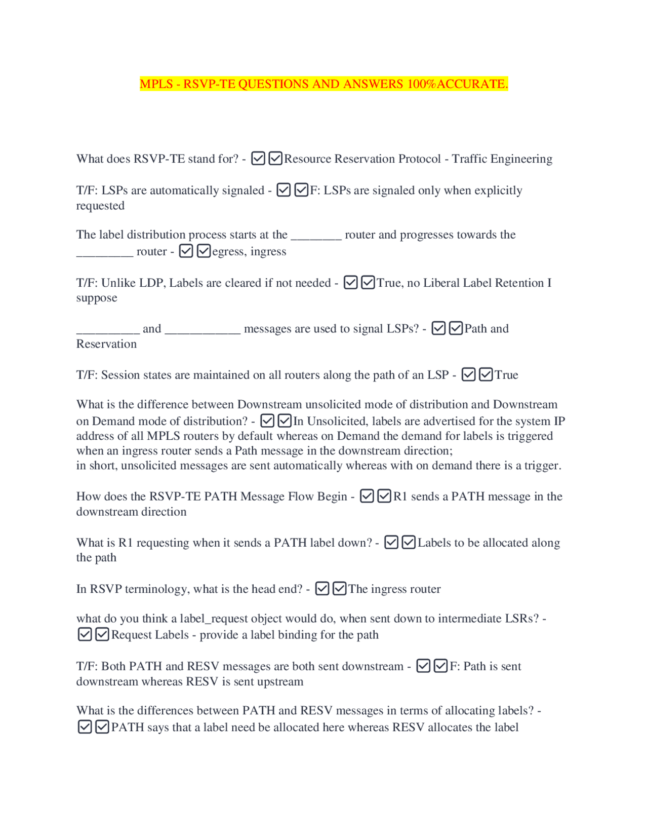 MPLS - RSVP-TE QUESTIONS AND ANSWERS 100%ACCURATE. | Exams Wireless Networking | Docsity