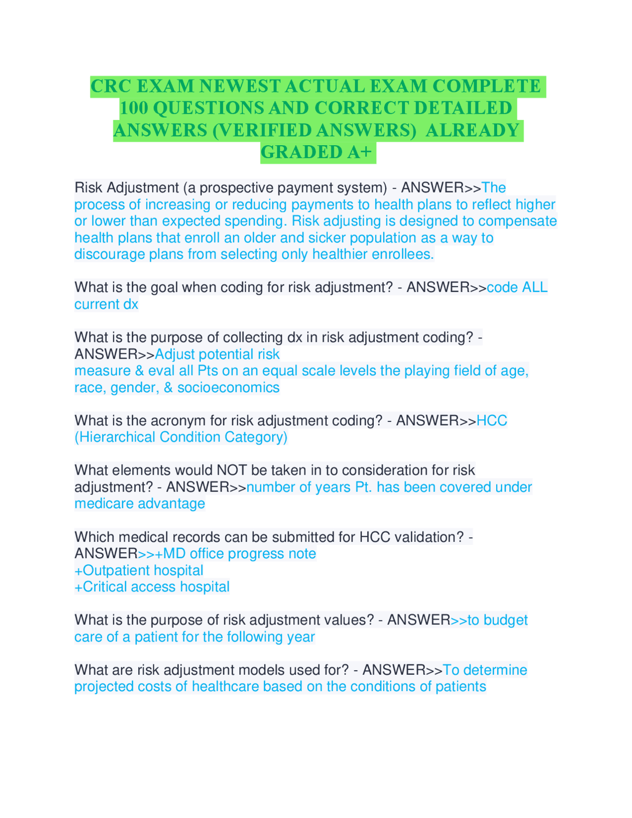 CRC EXAM NEWEST ACTUAL EXAM COMPLETE 100 QUESTIONS AND CORRECT DETAILED ...