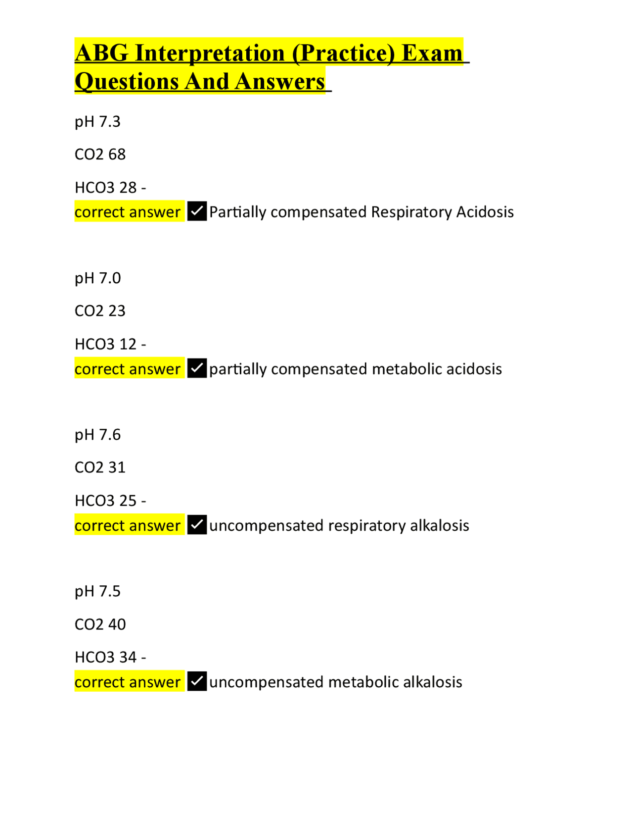 ABG Interpretation (Practice) Exam Questions And Answers. | Exams ...