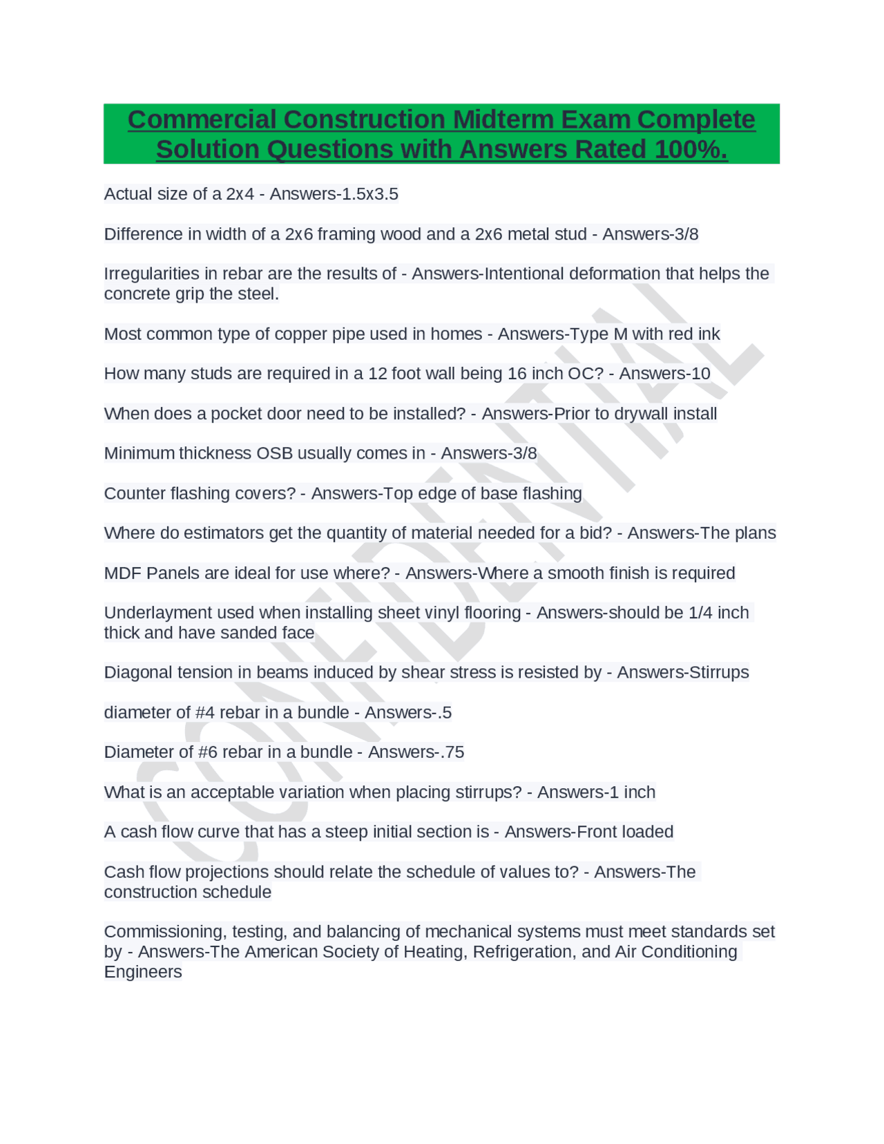 Commercial Construction Midterm Exam Complete Solution Questions with ...