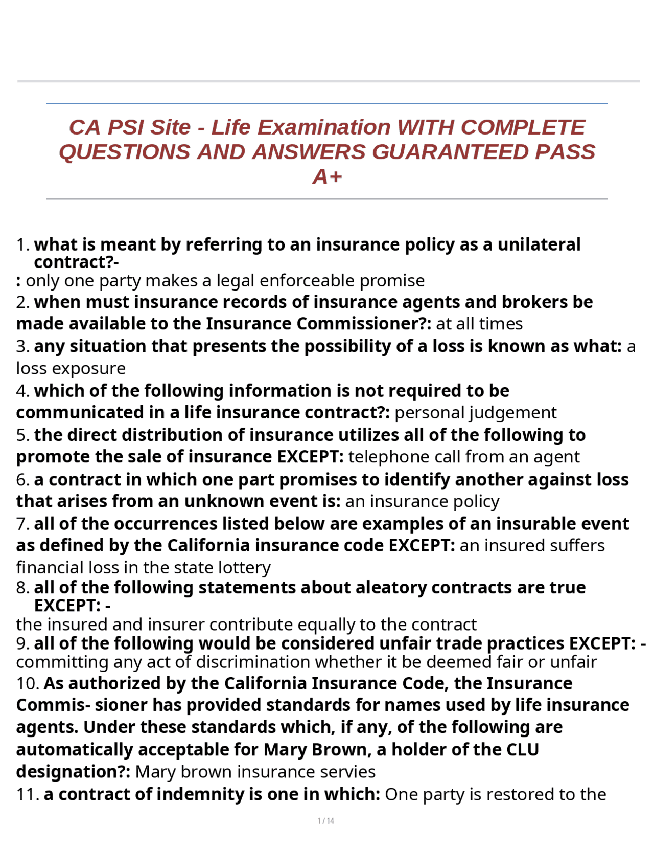 CA PSI Site - Life Examination WITH COMPLETE QUESTIONS AND ANSWERS ...