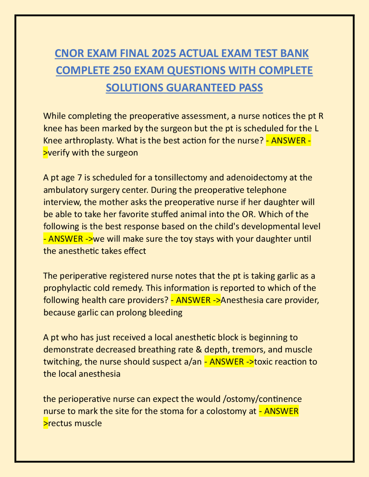 CNOR EXAM FINAL 2025 ACTUAL EXAM TEST BANK COMPLETE 250 QUESTIONS WITH ...