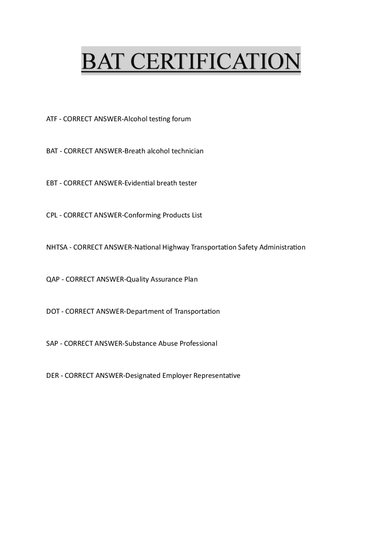 BAT CERTIFICATION ATF - CORRECT ANSWER-Alcohol testing forum BAT ...