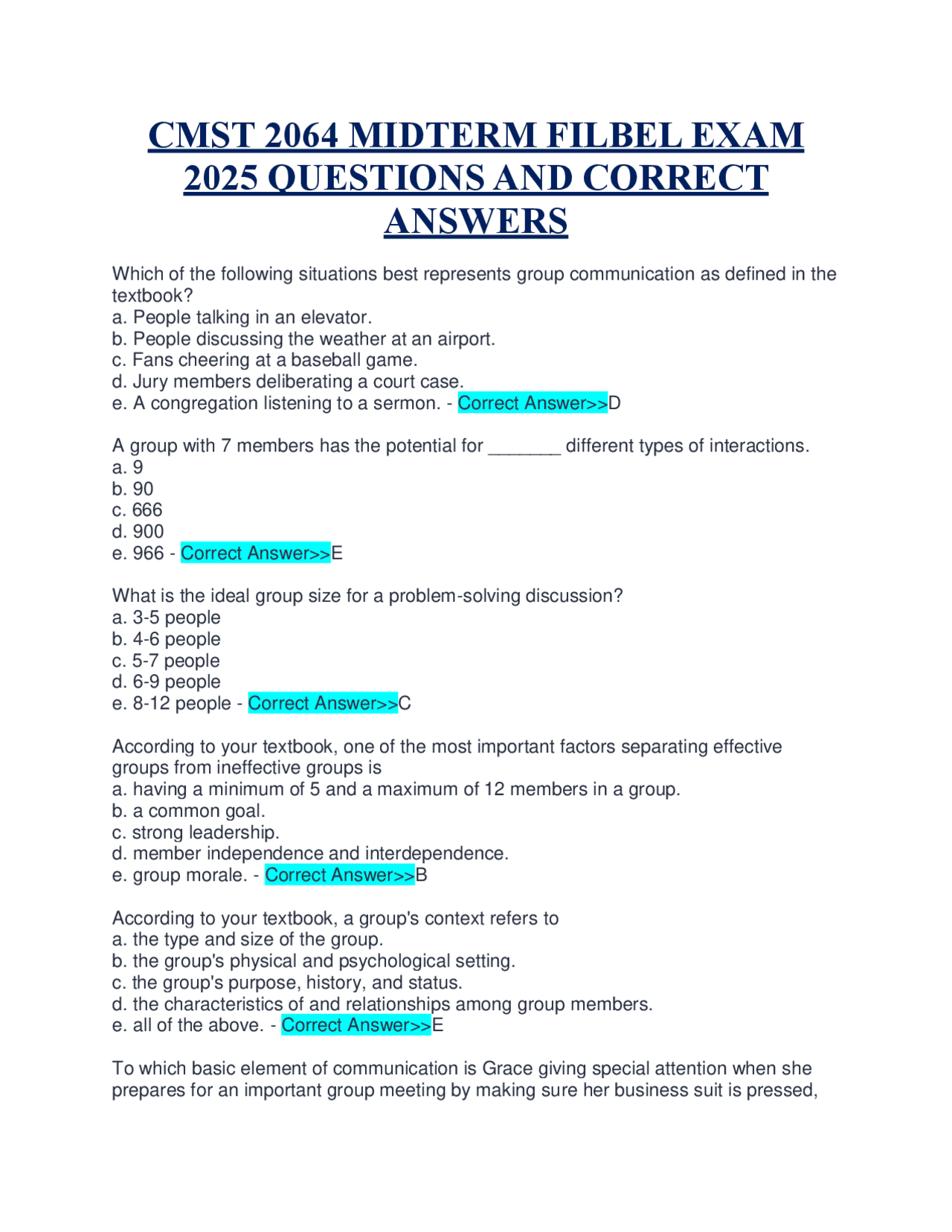 CMST 2064 MIDTERM FILBEL EXAM 2025 QUESTIONS AND CORRECT ANSWERS | Exams Communication | Docsity