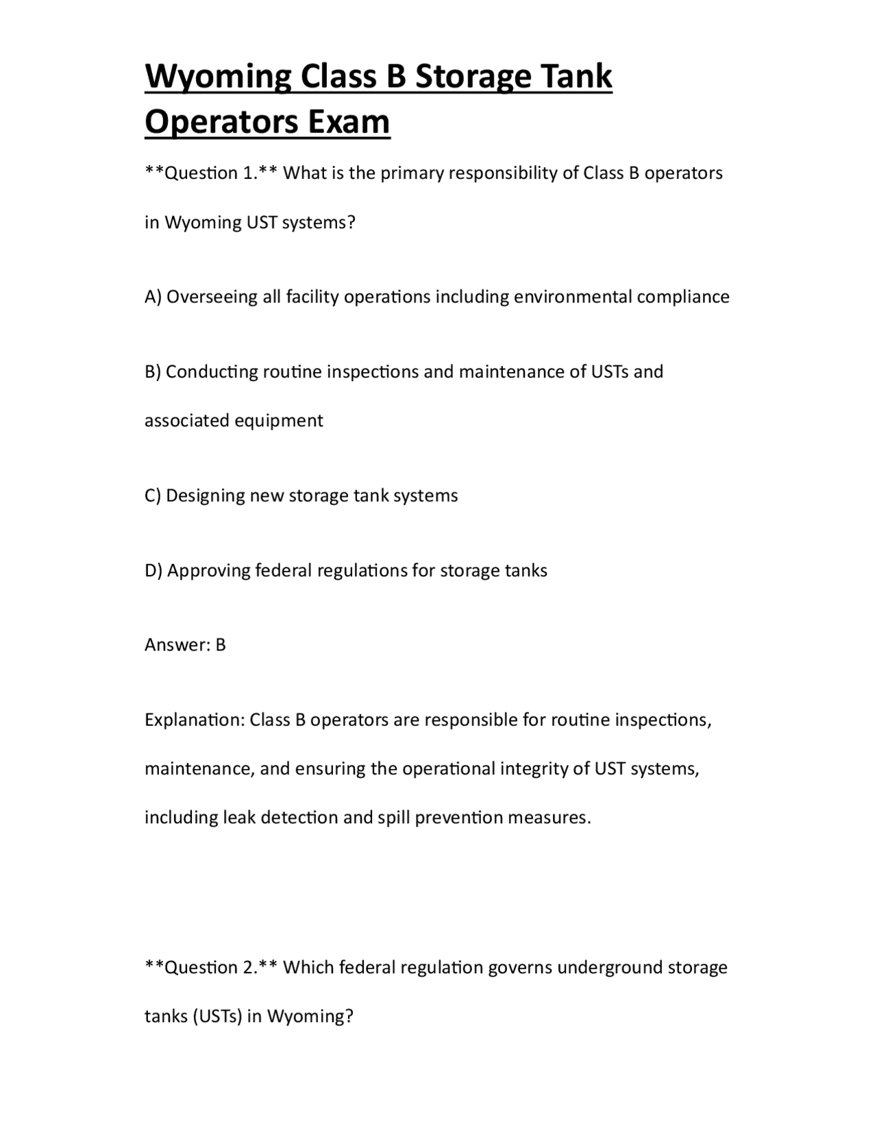 Wyoming Class B Storage Tank Operators Exam | Exams Technology | Docsity