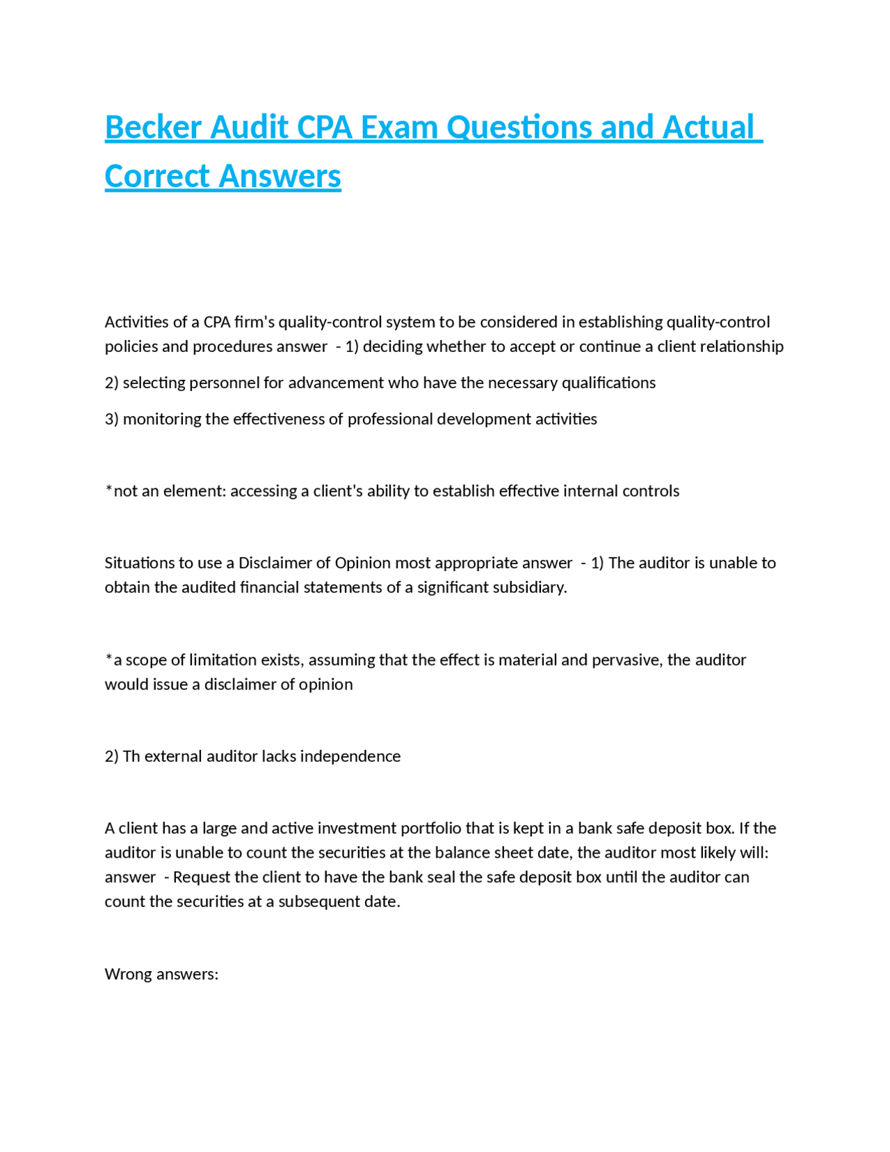 Becker Audit CPA Exam Questions and Actual Correct Answers | Exams ...