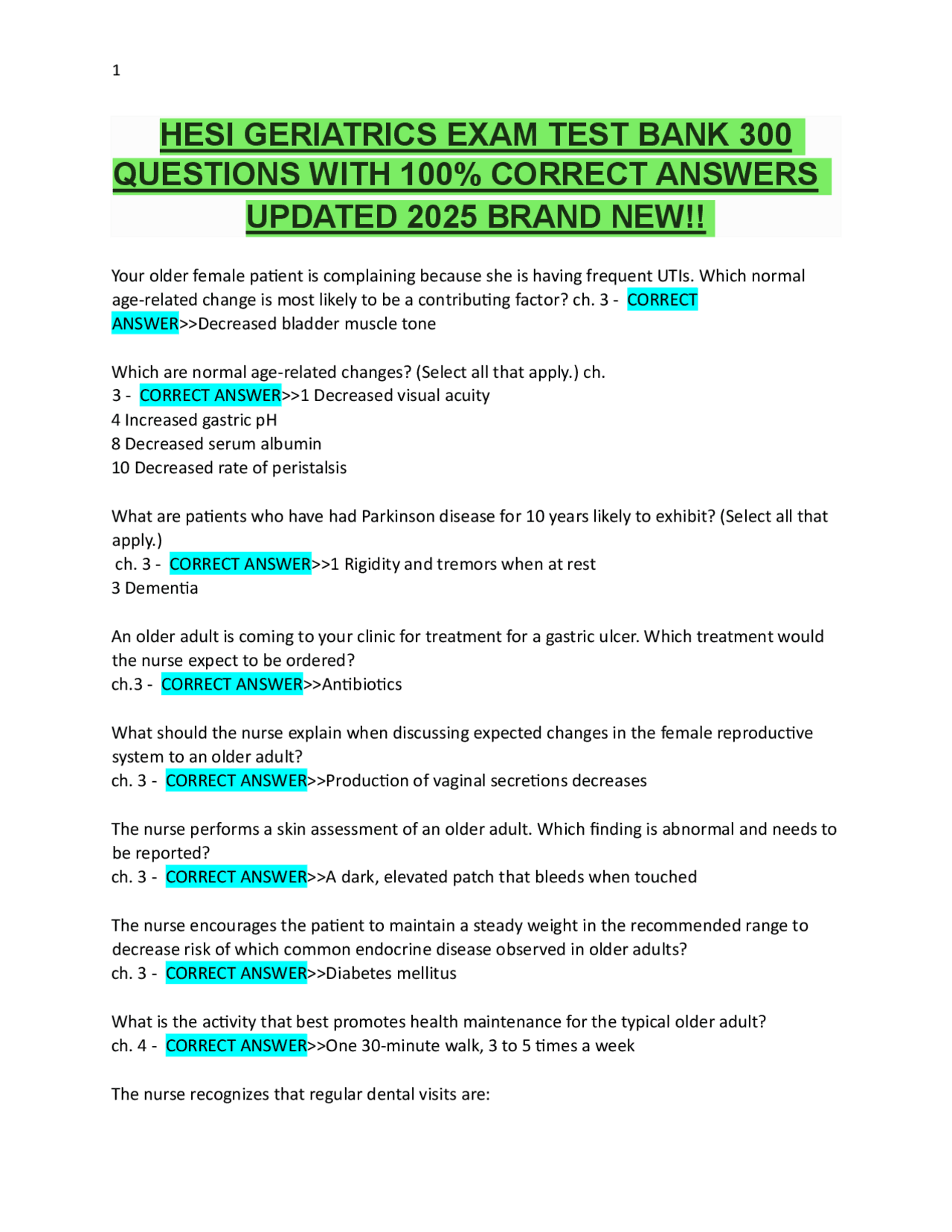 HESI GERIATRICS EXAM TEST BANK 300 QUESTIONS WITH 100% CORRECT ANSWERS ...