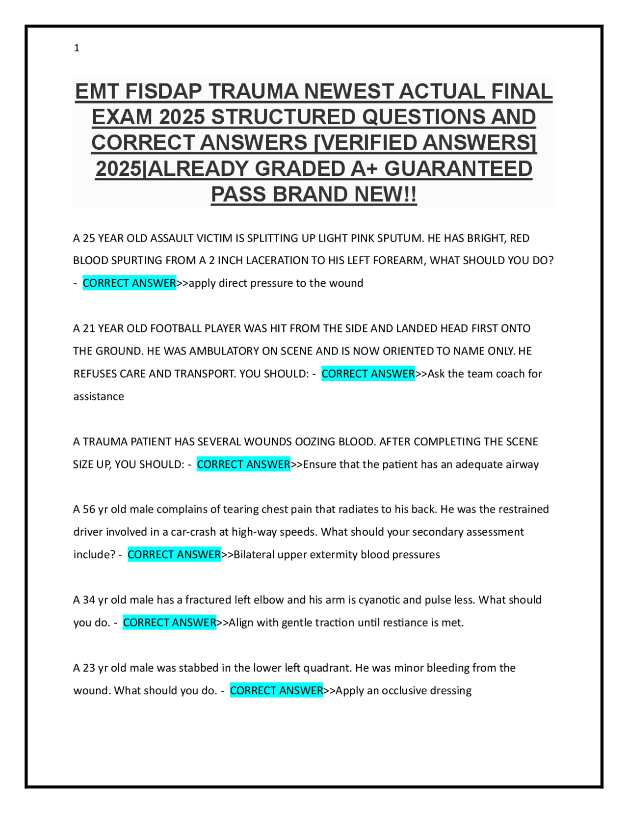 EMT FISDAP TRAUMA NEWEST ACTUAL FINAL EXAM 2025 STRUCTURED QUESTIONS AND CORRECT ANSWERS | Exams ...