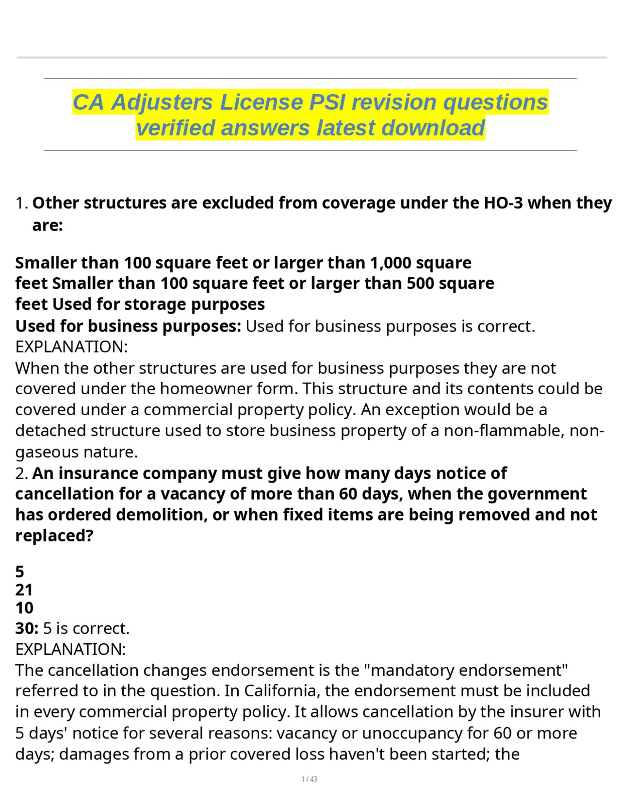 CA Adjusters License PSI revision questions verified answers latest ...
