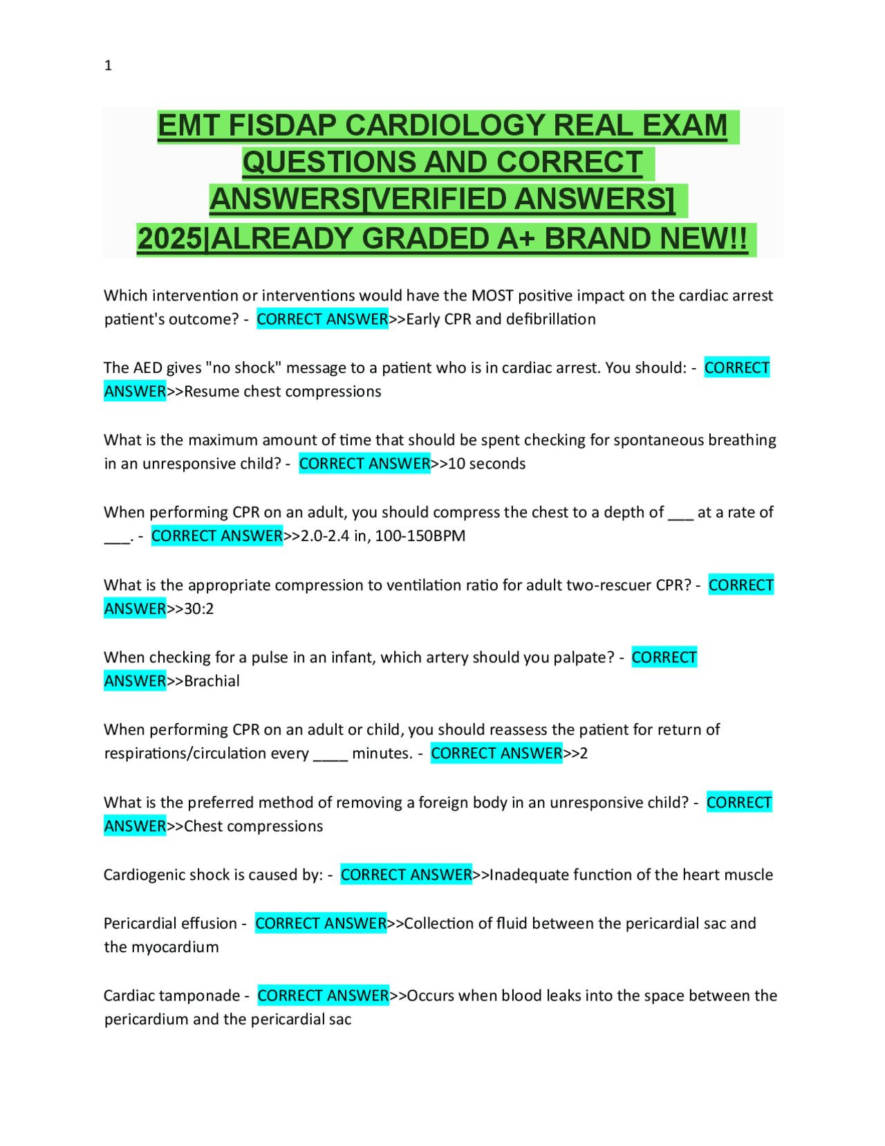 EMT FISDAP CARDIOLOGY REAL EXAM QUESTIONS AND CORRECT ANSWERS[VERIFIED ANSWERS] 2025 | Exams ...