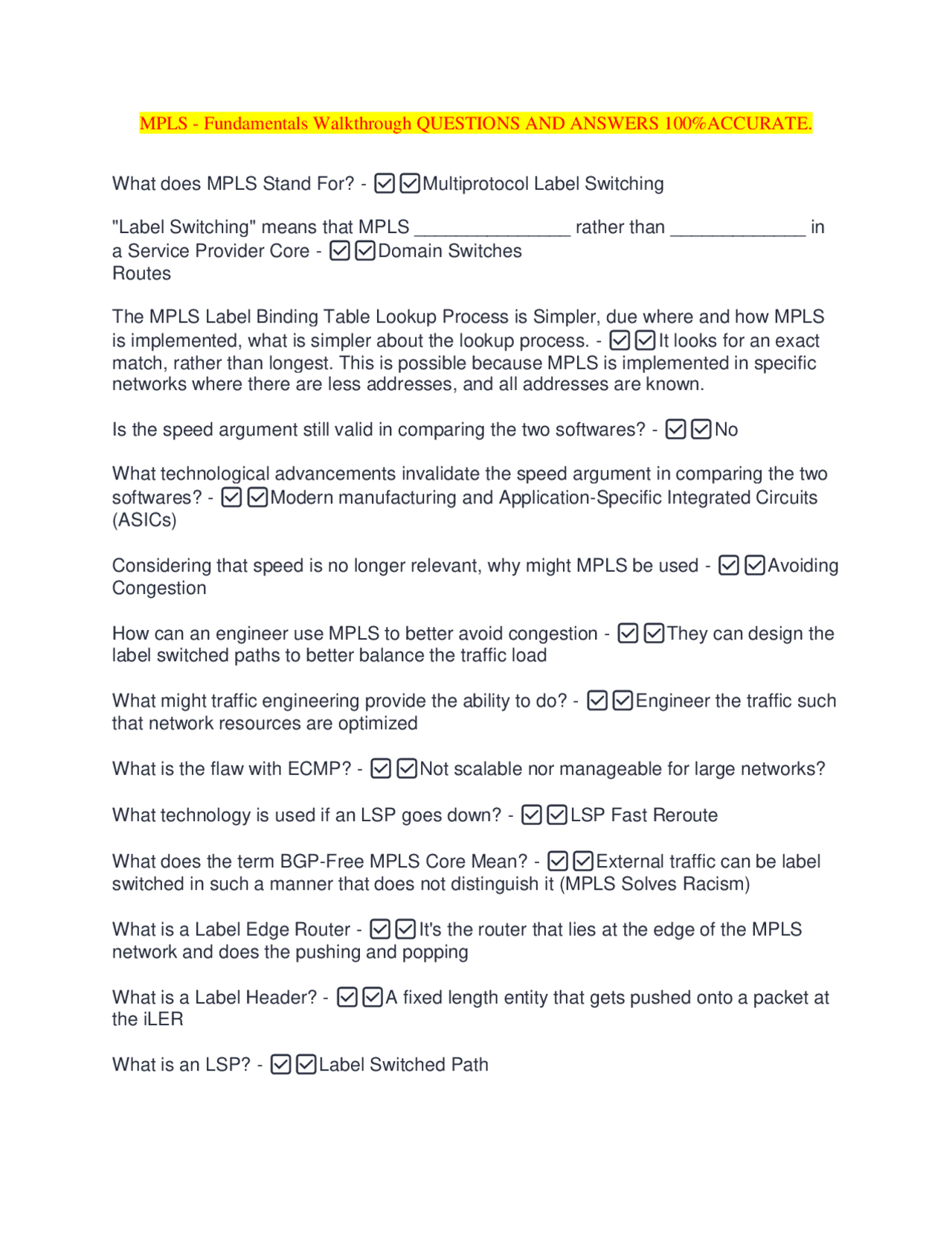 MPLS - Fundamentals Walkthrough QUESTIONS AND ANSWERS 100%ACCURATE. | Exams Wireless Networking ...