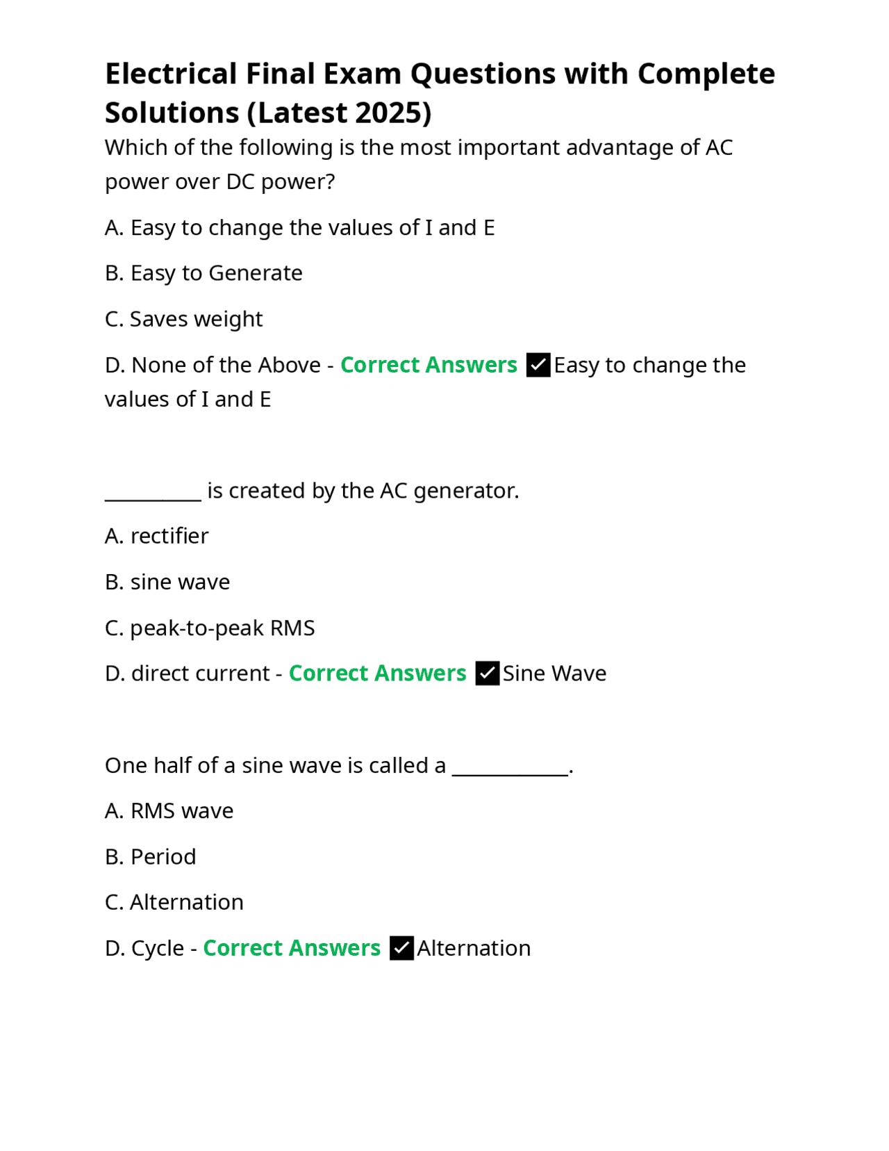 Electrical Final Exam Questions with Complete Solutions (Latest 2025 ...