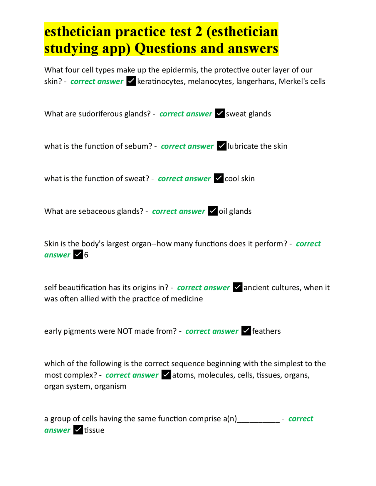 esthetician practice test 2 (esthetician studying app) Questions and ...