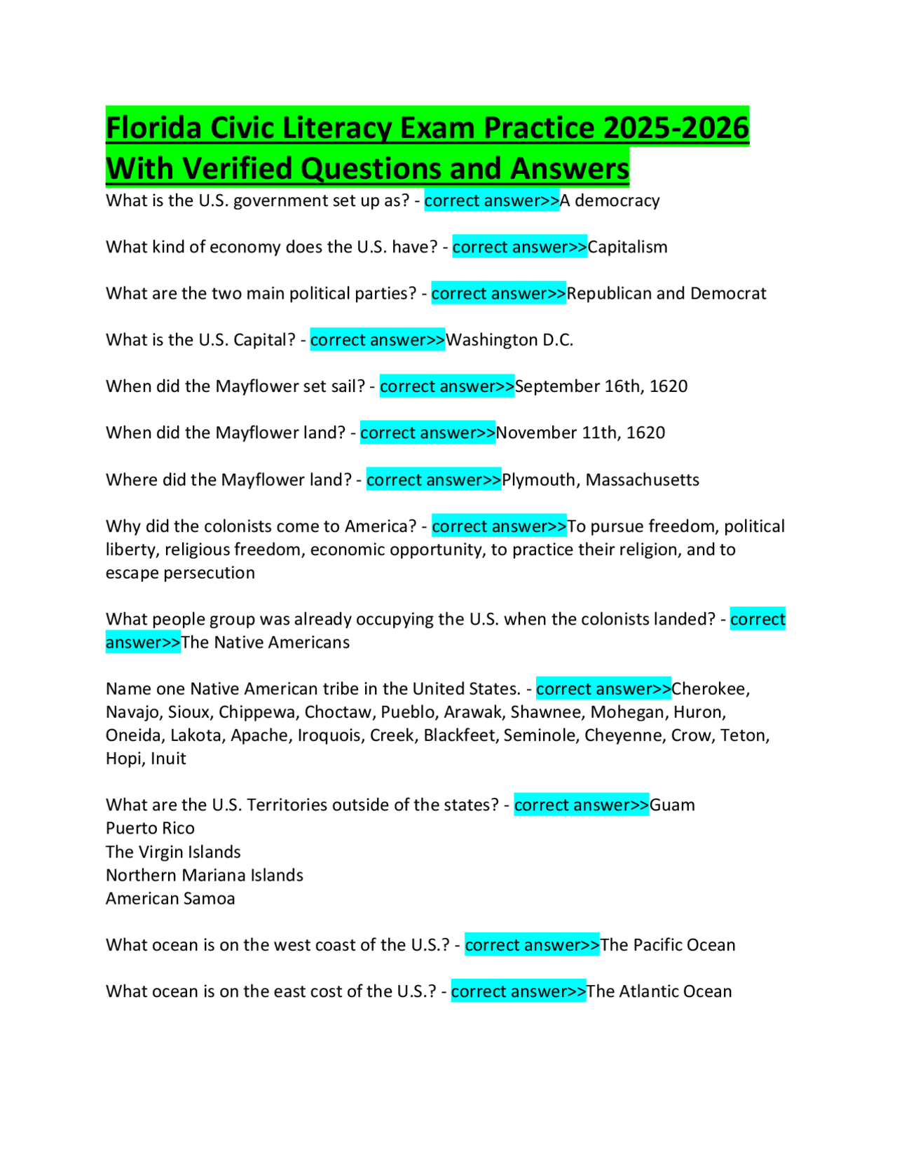 Florida Civic Literacy Exam Practice 2025-2026 With Verified Questions ...