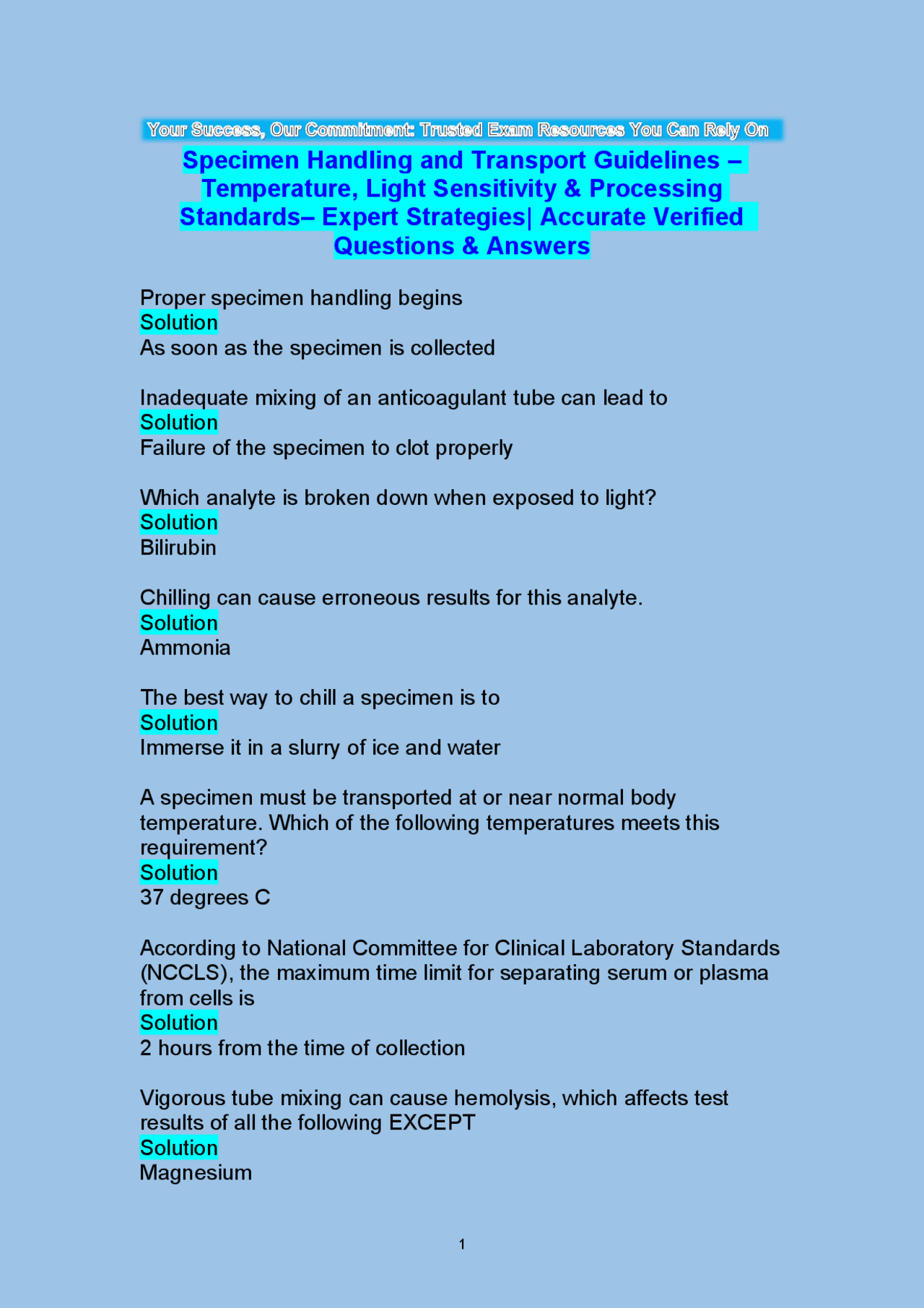 Specimen Handling and Transport Guidelines Temperature, Light ...